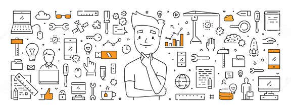 Vector Line Web Banner for Computer Engineering Stock Illustration ...