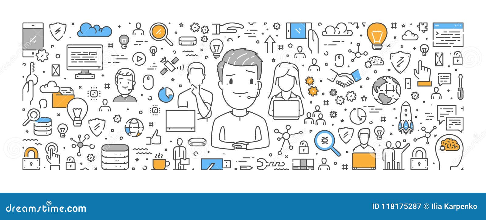 Vector Line Web Banner for Support Stock Illustration - Illustration of ...