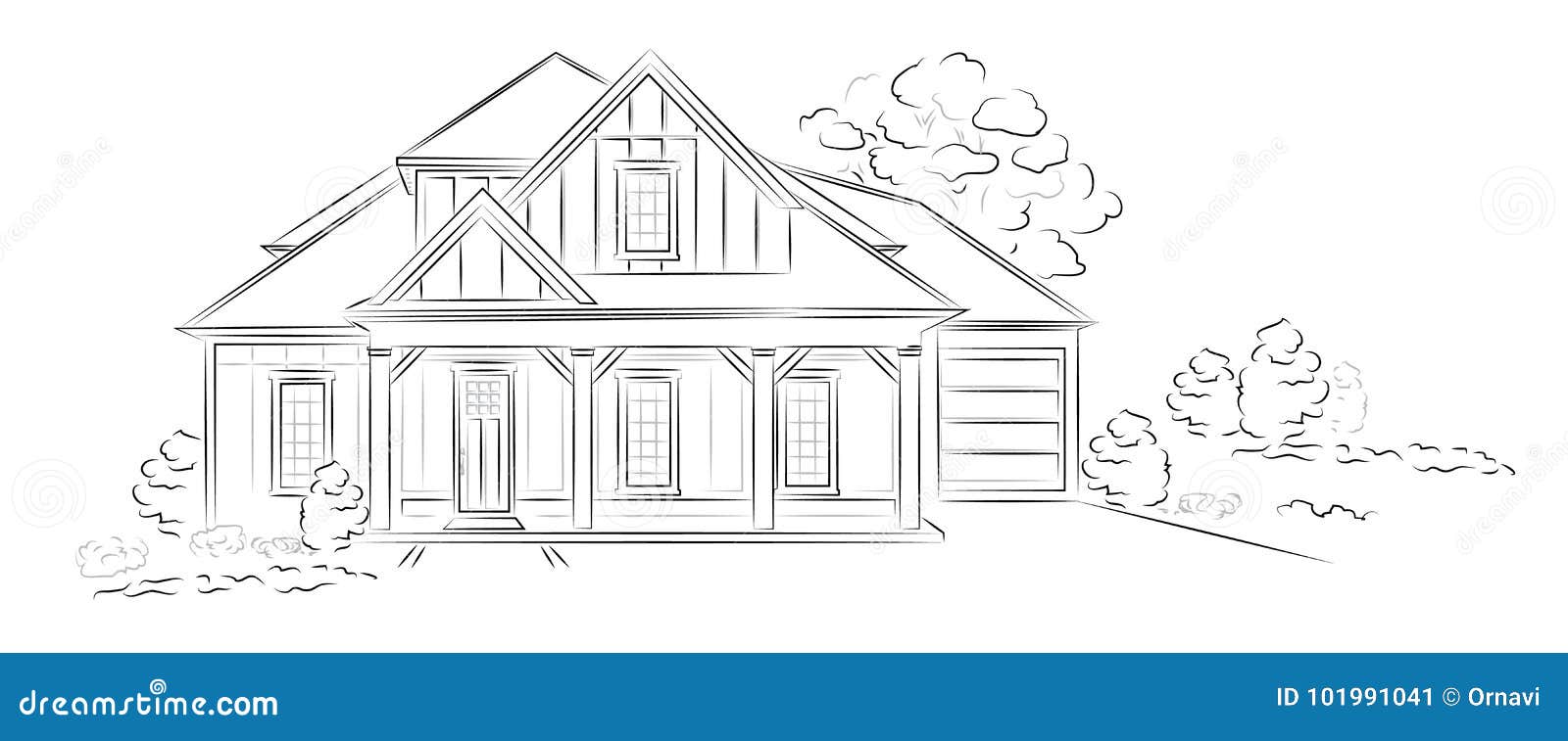 Vector Linear Architectural Sketch Detached House Stock Vector ...