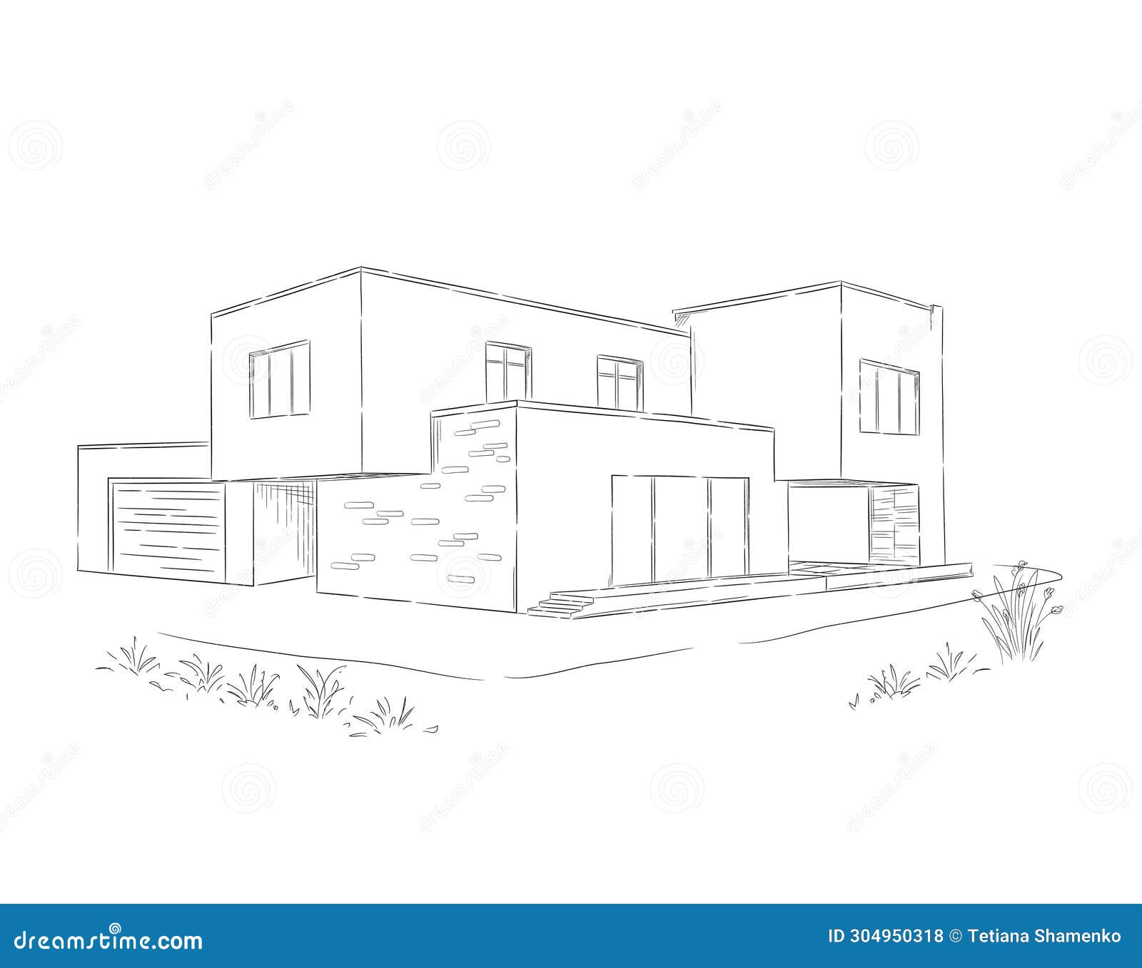 Vector Linear Architectural Sketch Modern Detached House Stock Vector ...