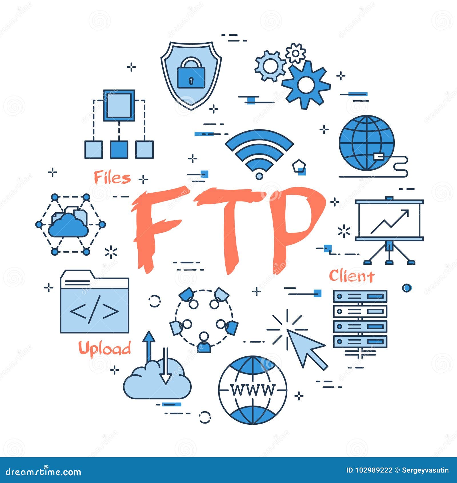 Blue round FTP concept stock vector. Illustration of icon - 102989222