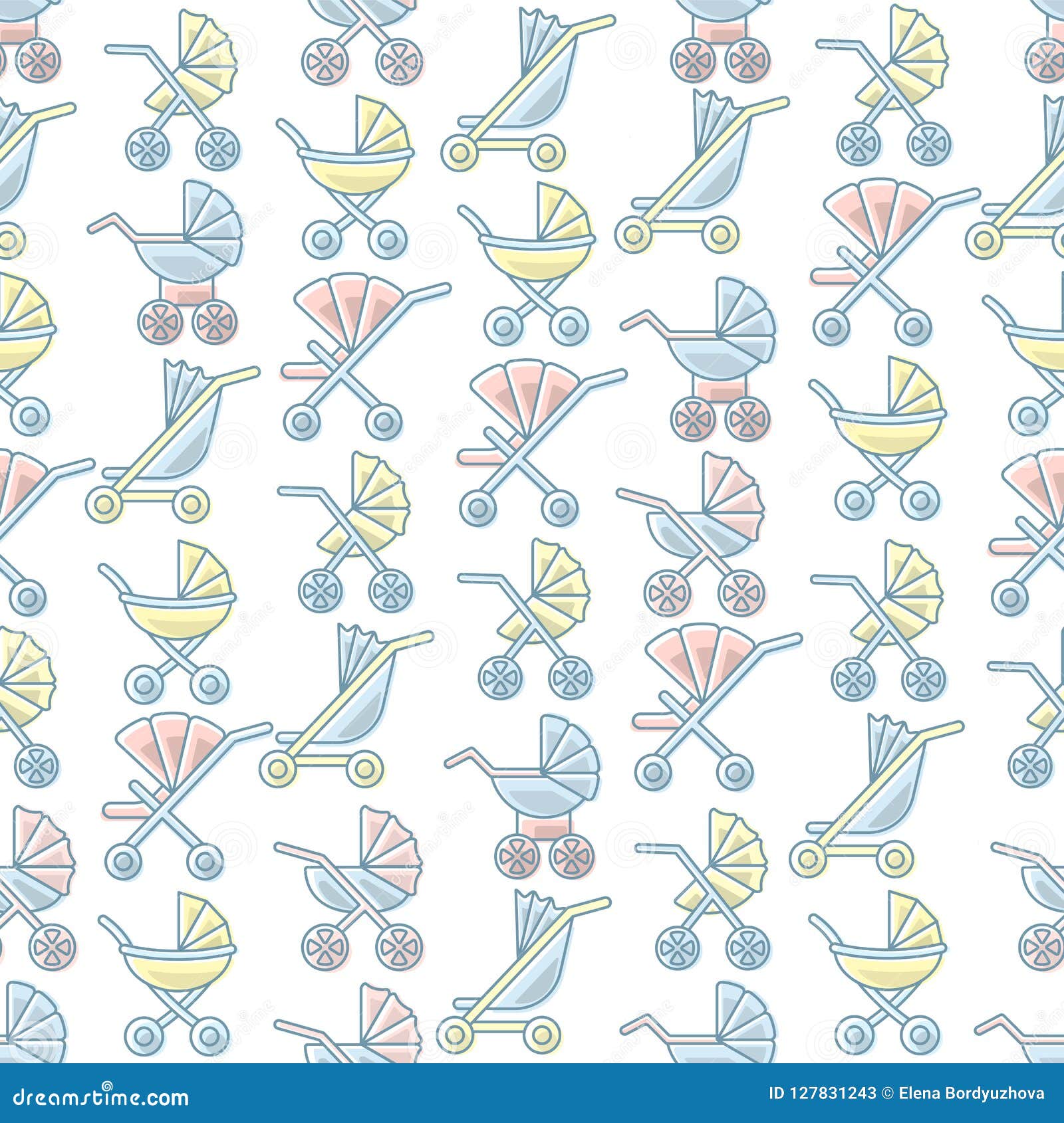 Vector Linear Seamless Pattern with Baby Carriages and Strollers Stock ...