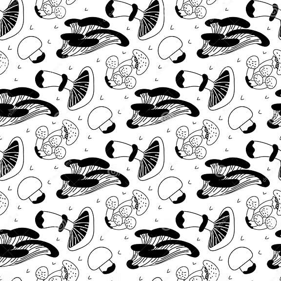 Vector Linear Seamless Pattern with Mushrooms and Decor. a Hand-drawn ...