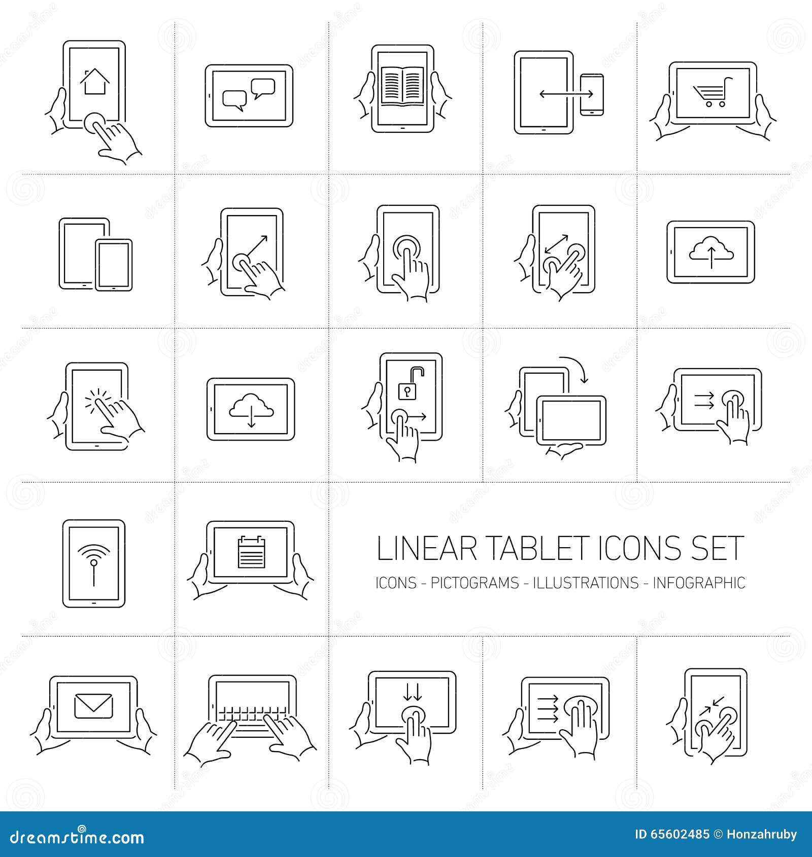 Vector Linear Tablet Icons Set with Hand Gestures and Pictograms Stock ...