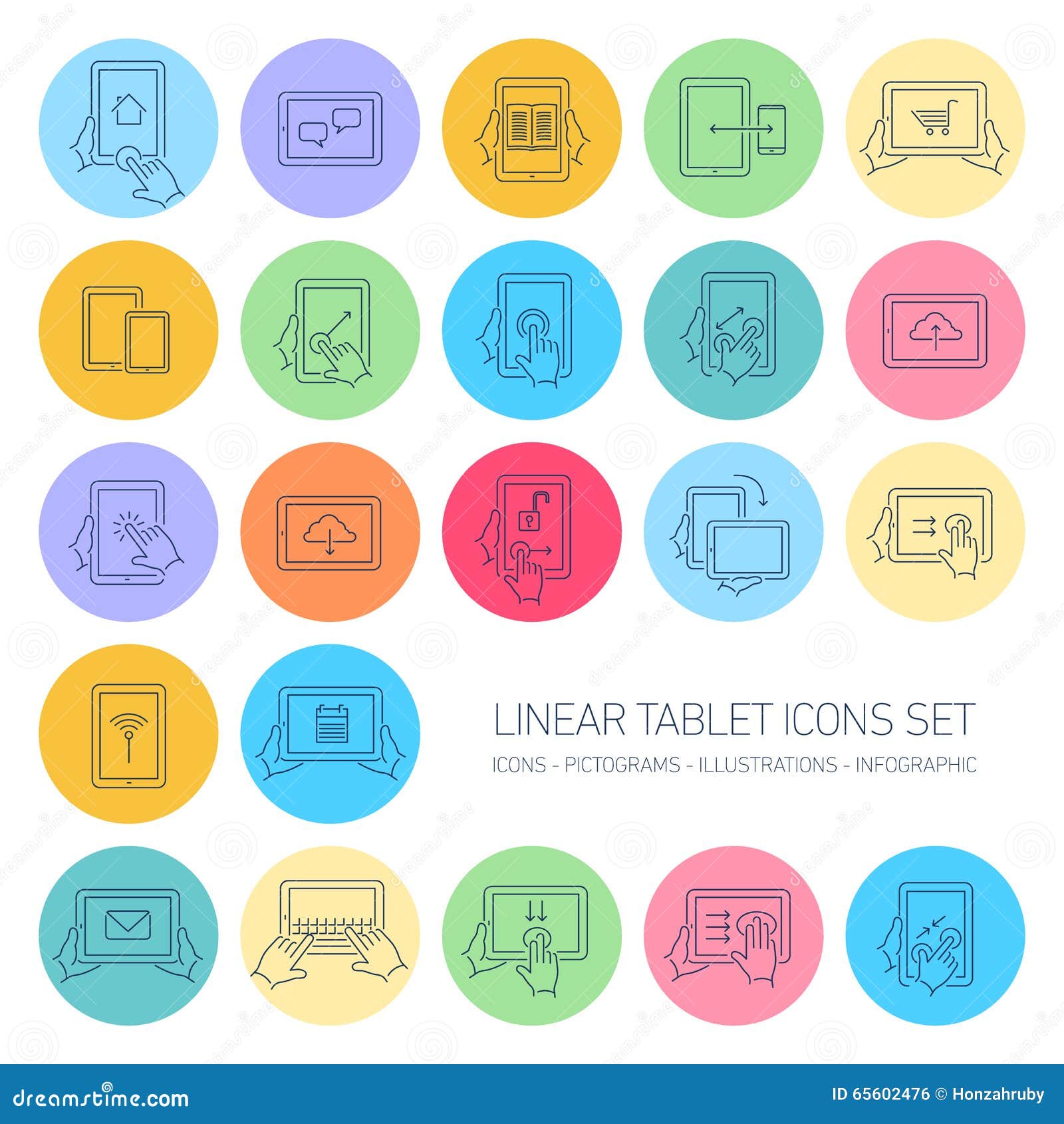 Vector Linear Tablet Icons Set with Hand Gestures and Pictograms Stock ...