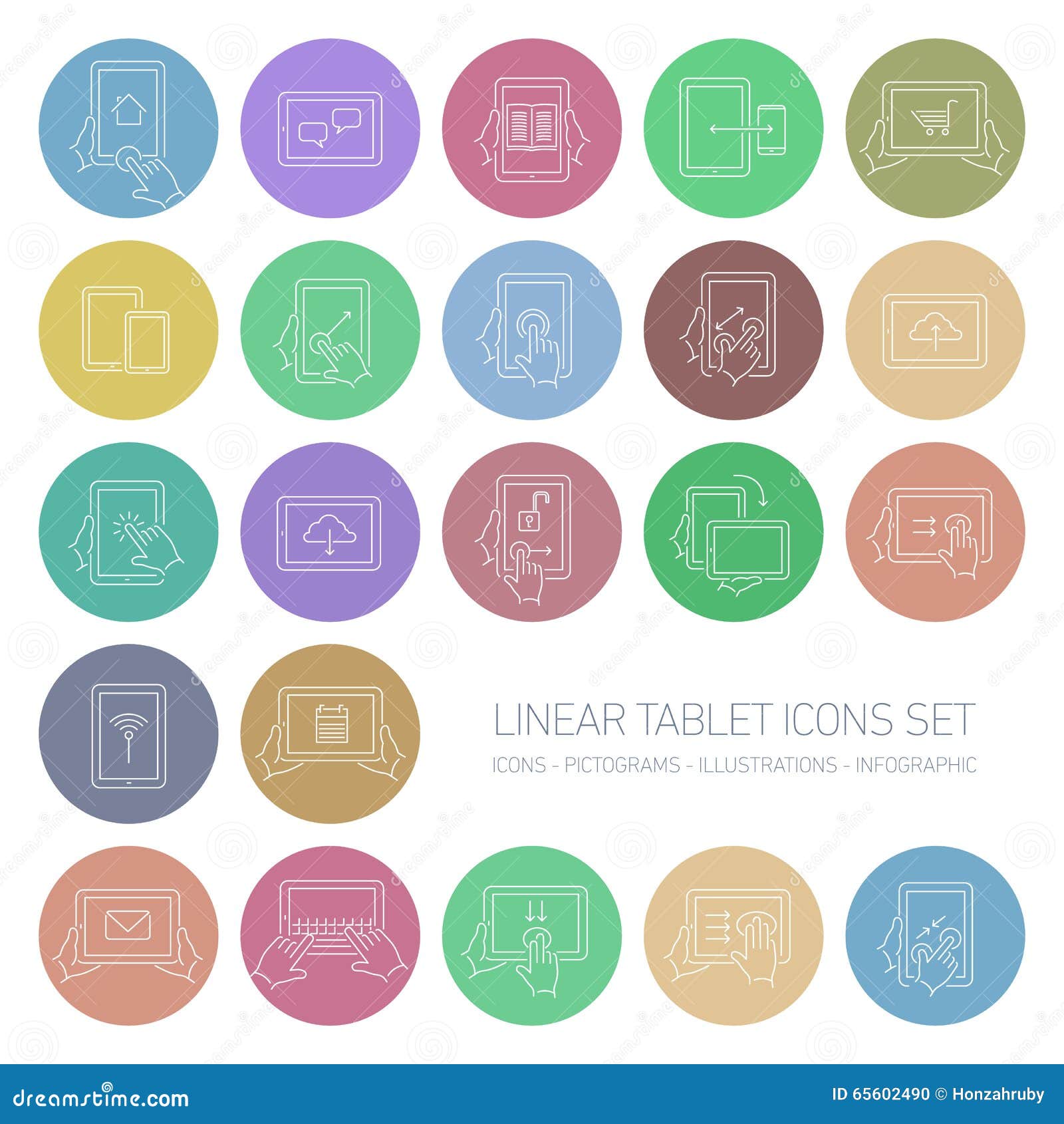 Vector Linear Tablet Icons Set With Hand Gestures And Pictograms ...