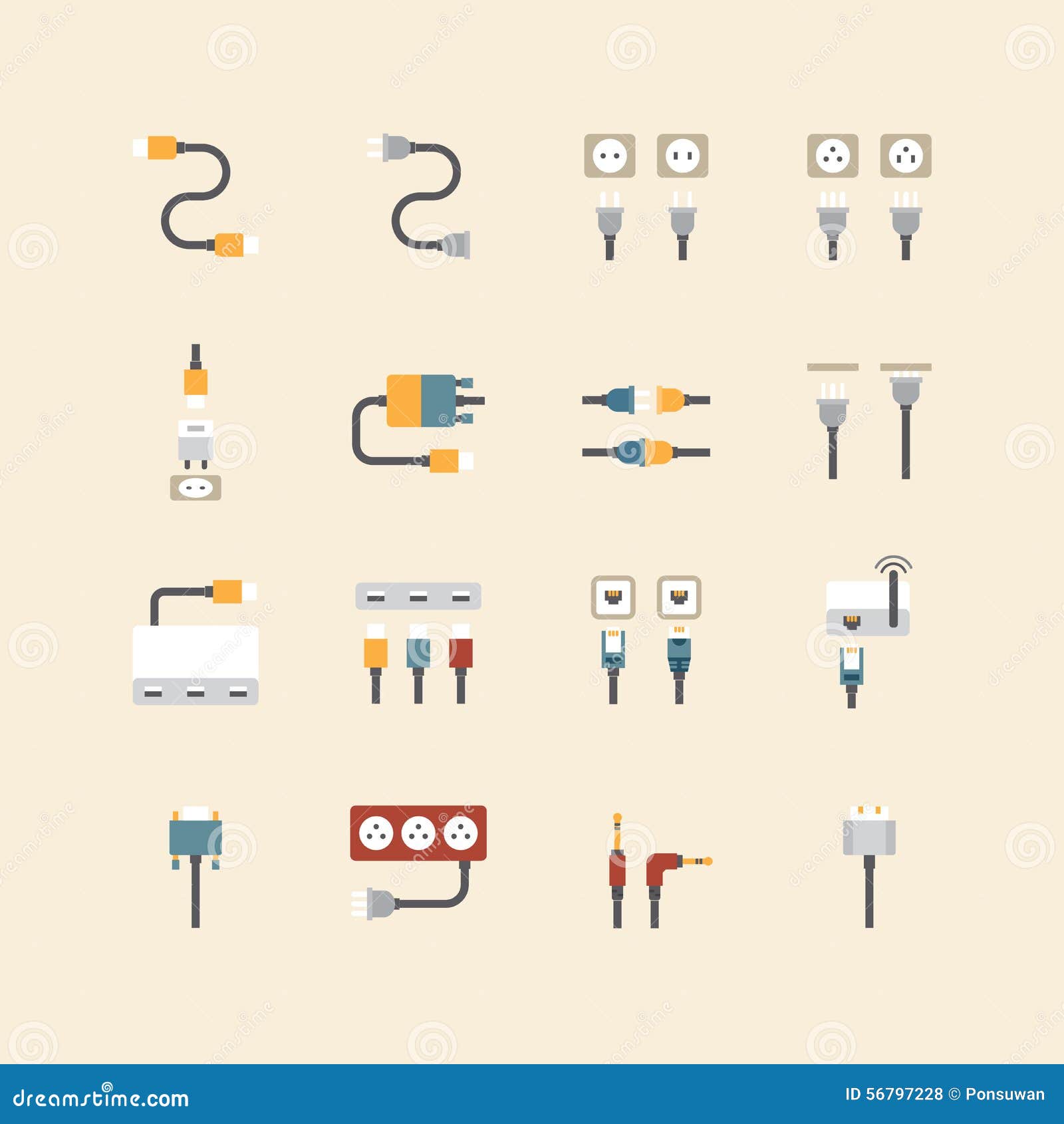 Vector Linear Web Icons Set - Cable Wire Computer and Electricit Stock ...