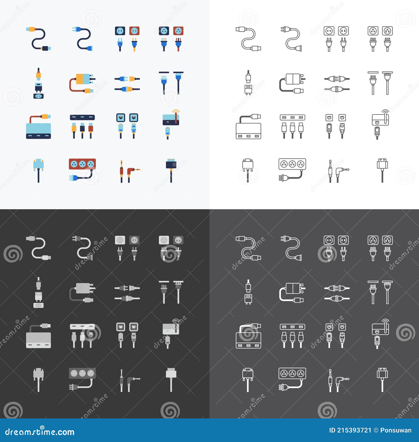 Vector Linear Web Icons Set - Cable Wire Computer and Electricity Plug ...
