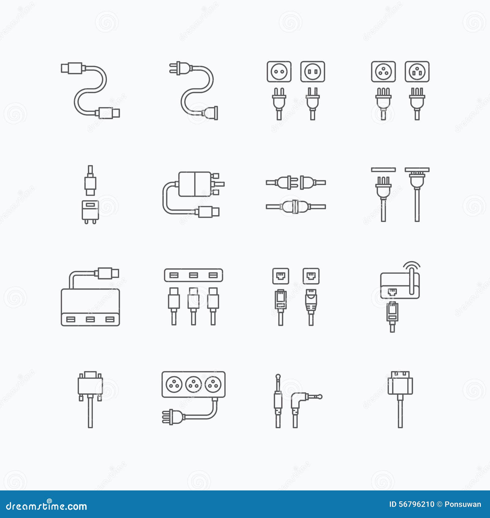 Vector Linear Web Icons Set - Cable Wire Computer Stock Vector ...