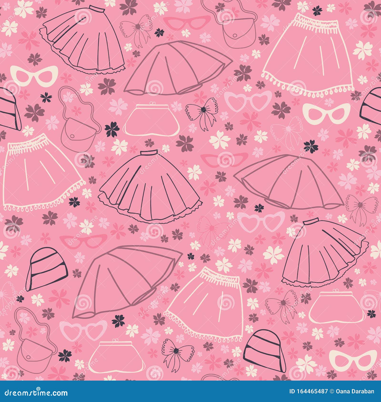 Vector Lineart Skirts, Glasses And Bags Seamless Pattern On Pink ...