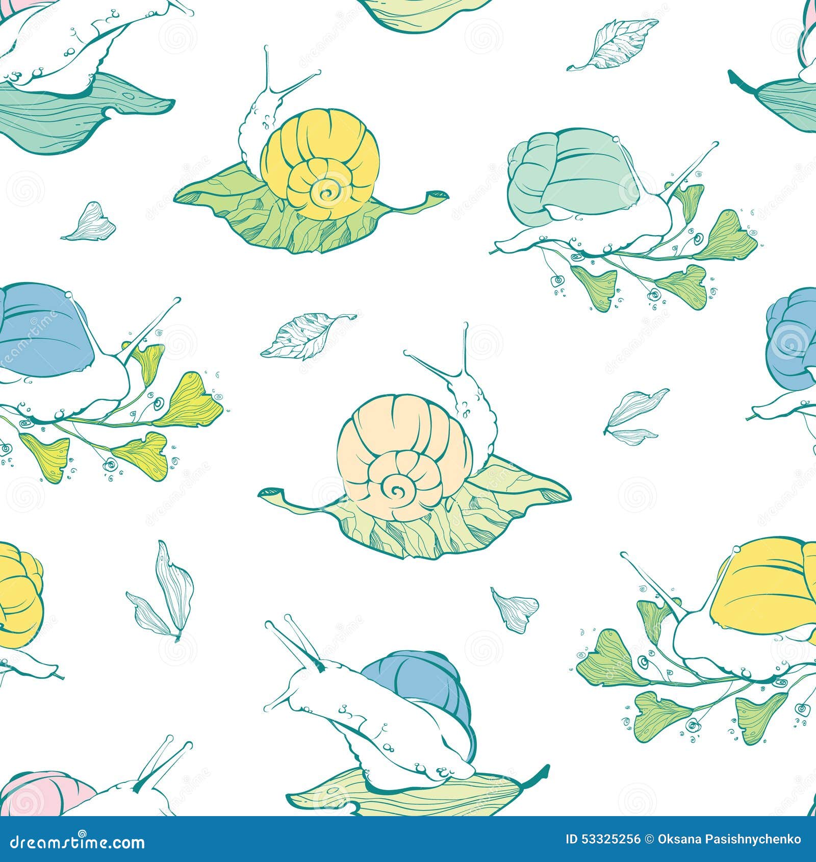 Vector Lineart Snails on Leaves Seamless Pattern Stock Vector ...
