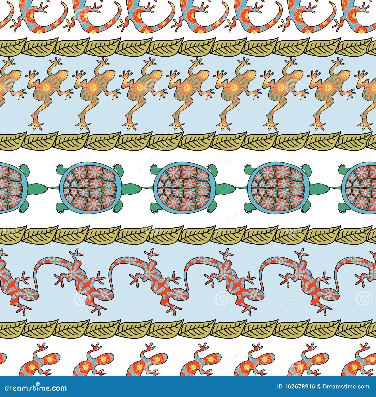 Vector Lizard, Turtles, Frogs With Green Leaves On Blue And White ...