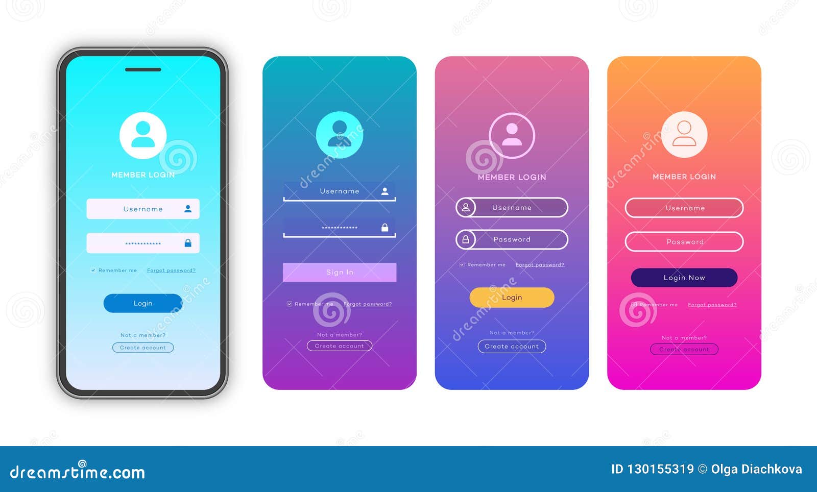 Vector Login Form Page Template Set on Trendy Gradient Background Stock ...