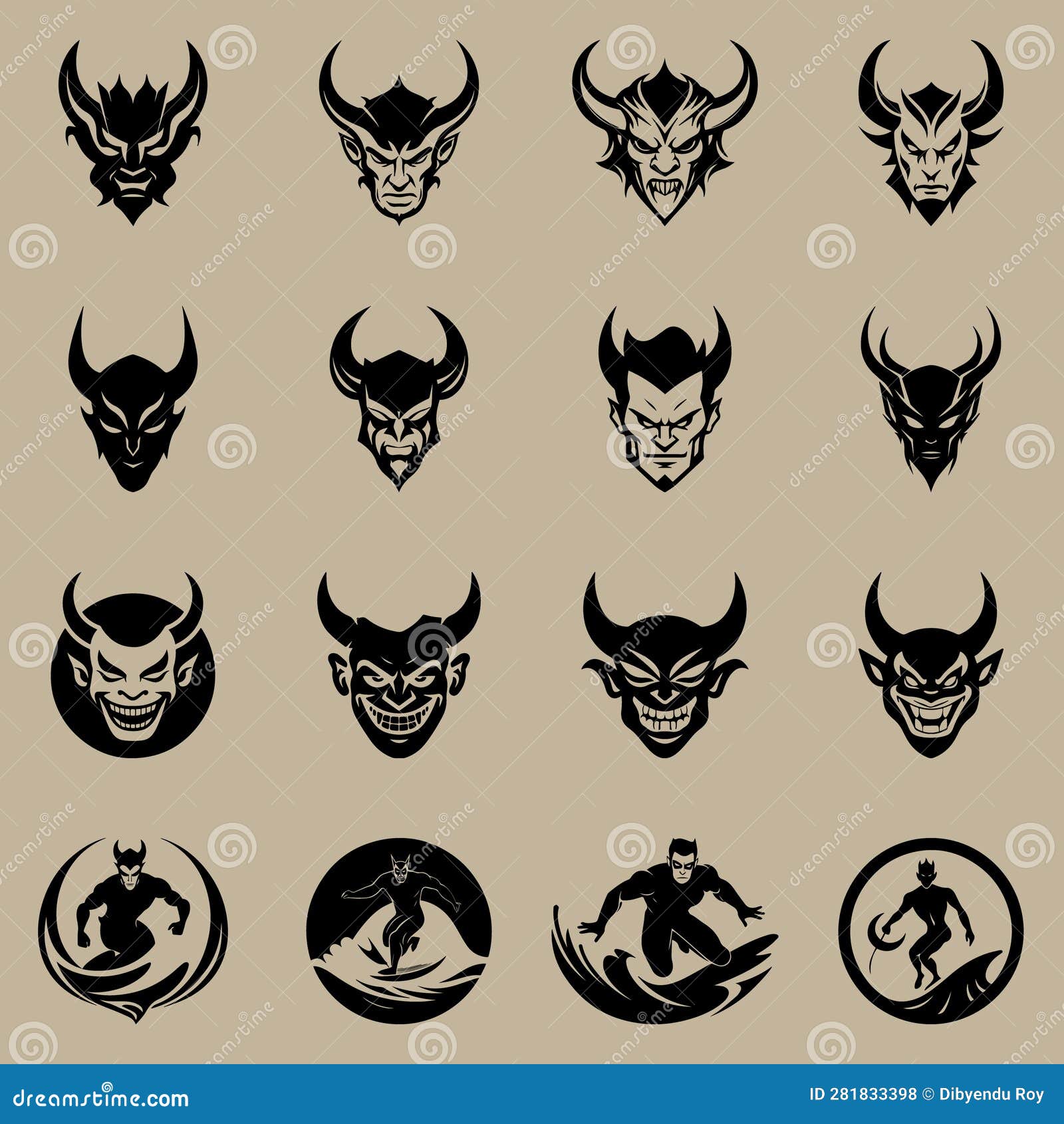 Vector Logo Set Featuring Devil S Head and Surfing Devil Stock Vector ...