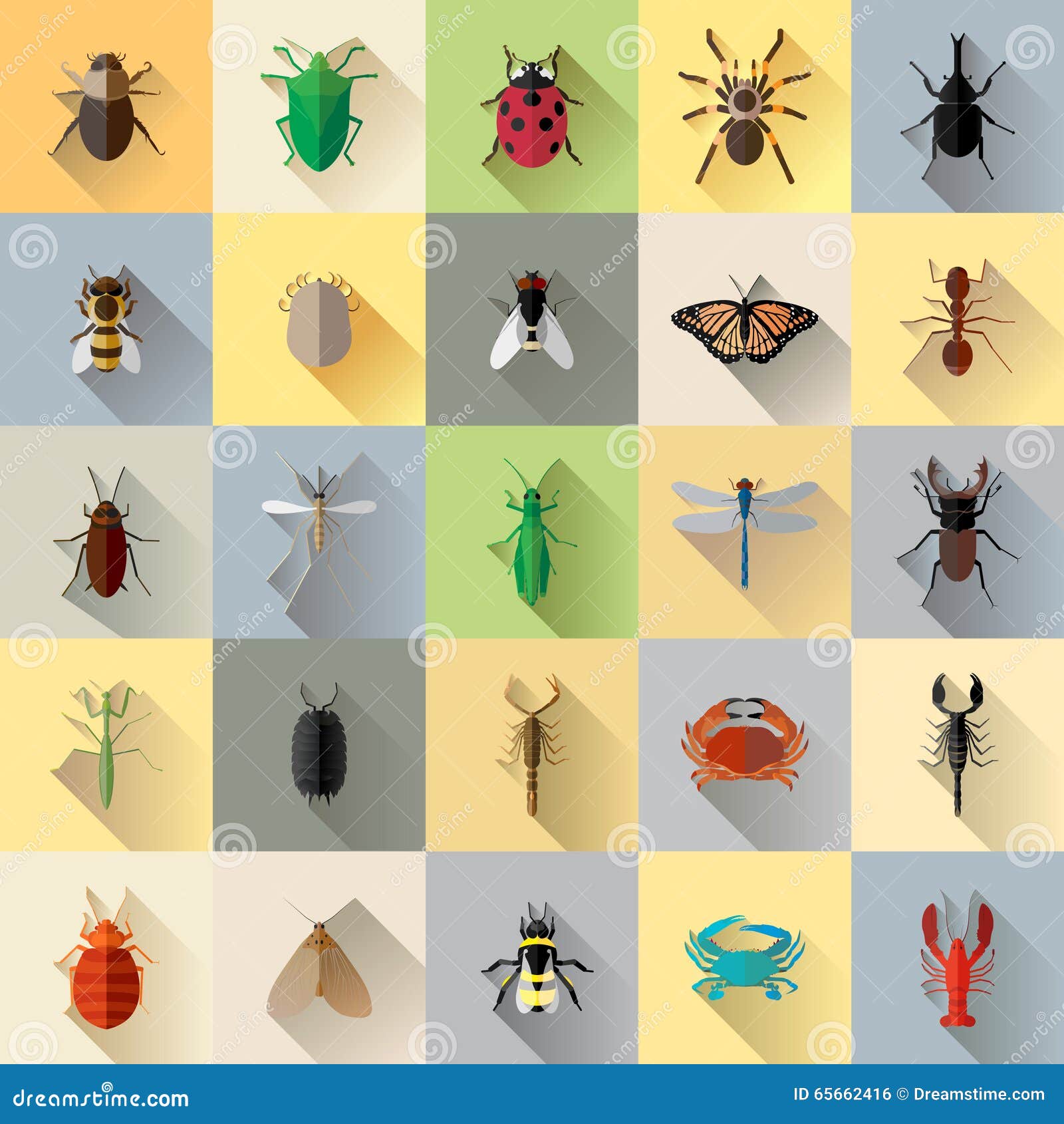 Vector Long Shadow Bug Insect Set Stock Vector - Illustration of blue ...