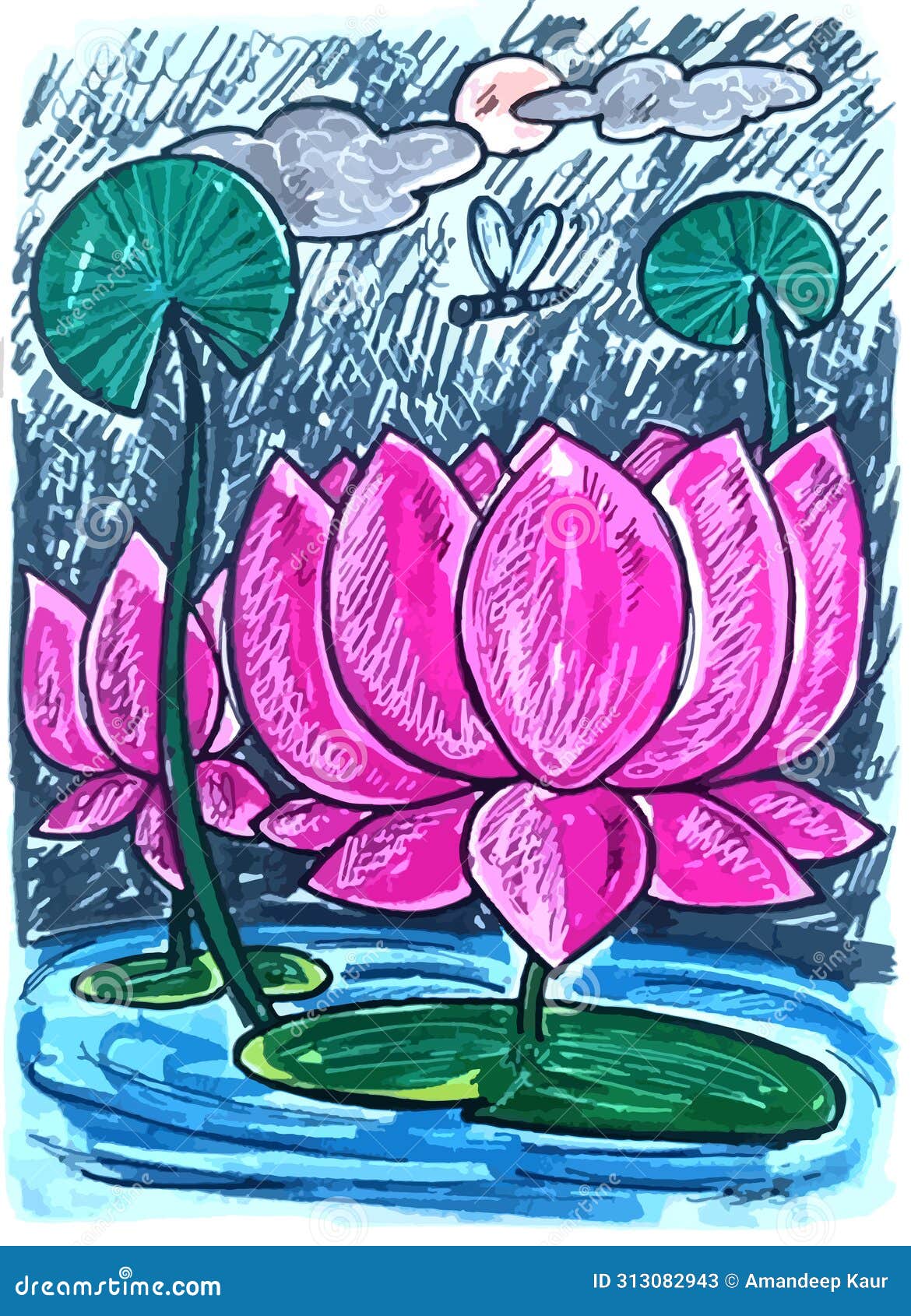 Vector Lotus Painting stock vector. Illustration of drawing - 313082943