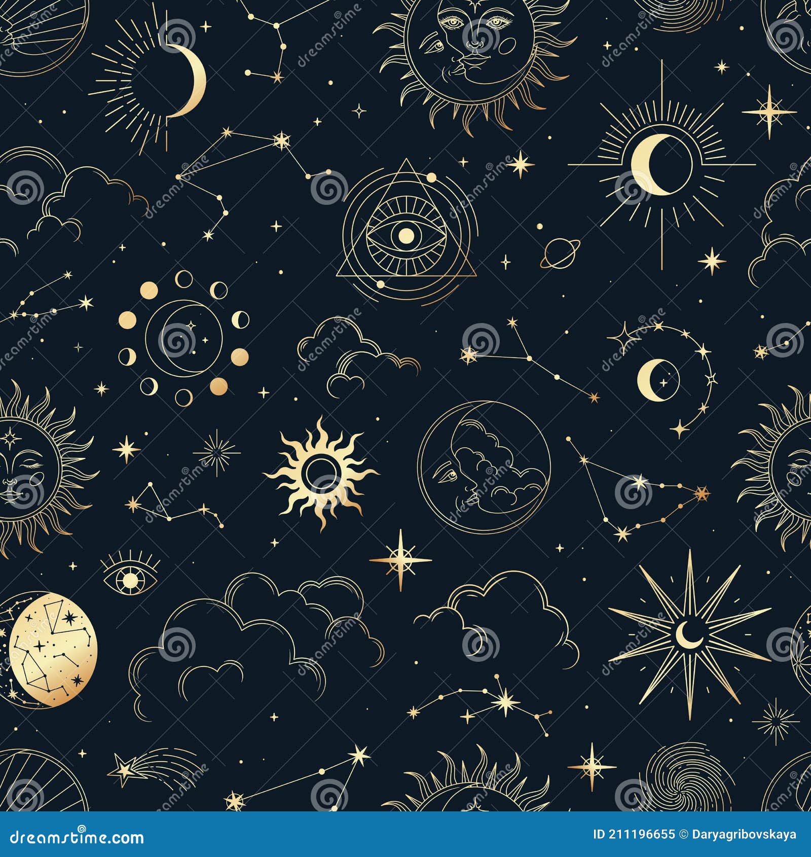 Vector Magic Seamless Pattern with Constellations, Sun, Moon, Magic ...