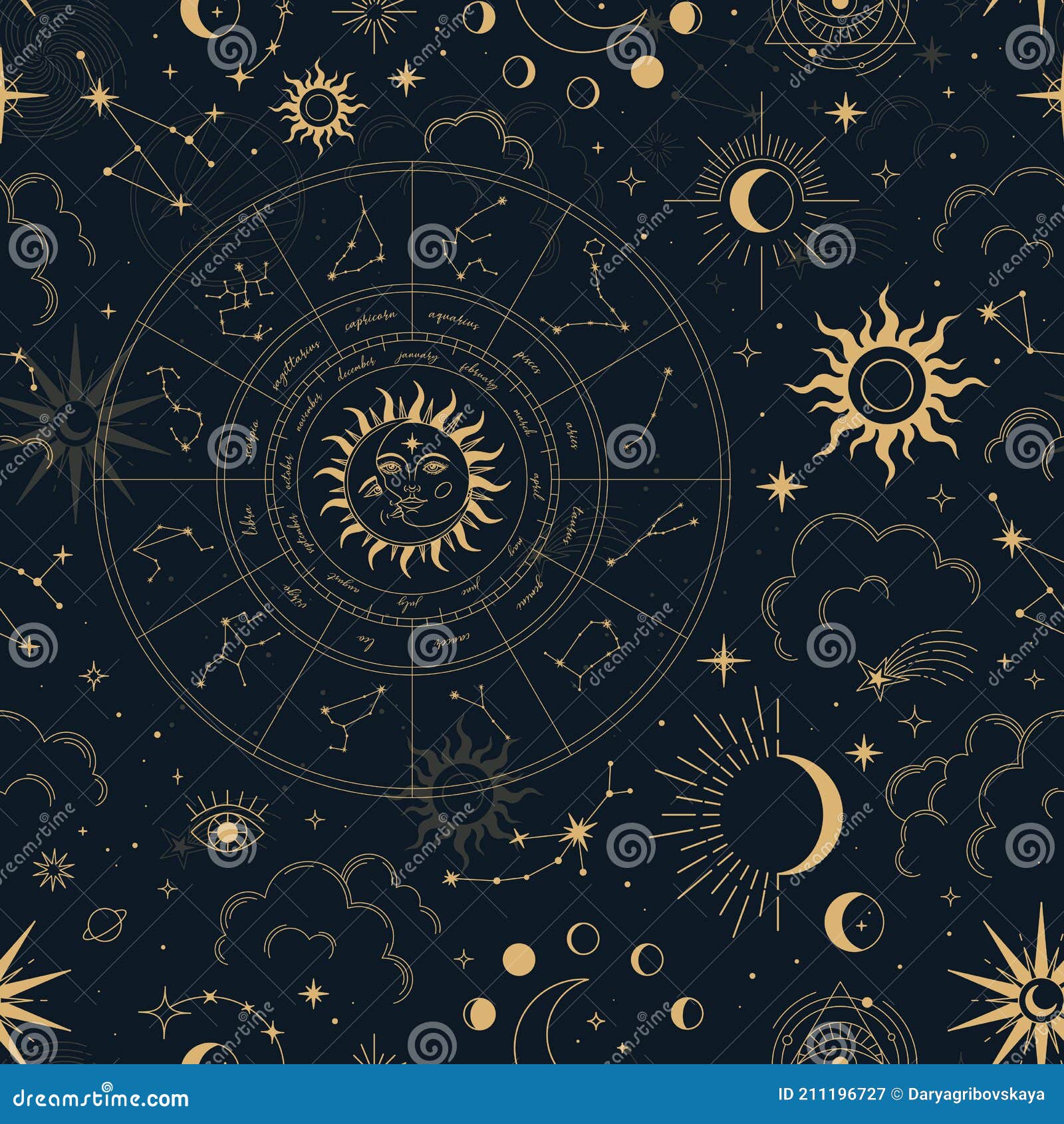 Vector Magic Seamless Pattern with Constellations, Zodiac Wheel, Sun ...