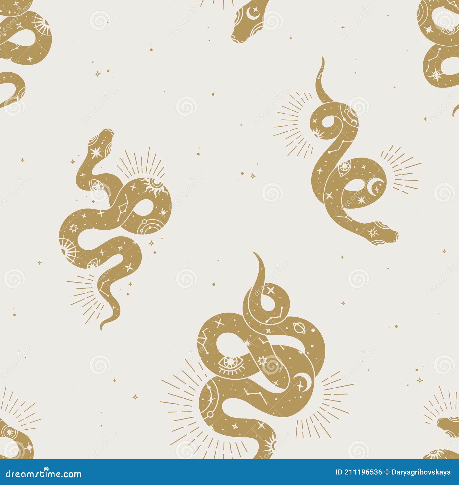 Vector Magic Seamless Pattern with Snake with Signs Sun, Moon, Magic ...