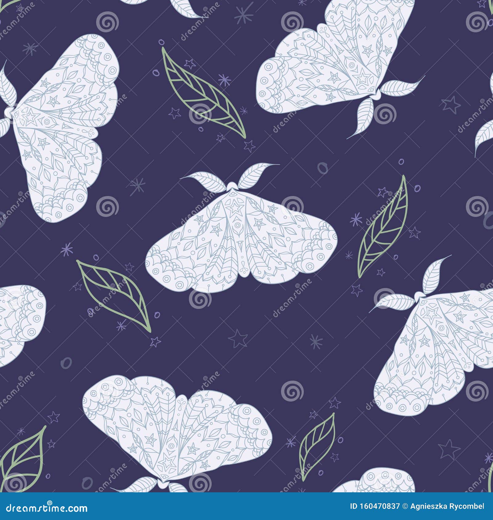 Vector Magical Moths in Sky with Leaves Seamless Pattern Background ...