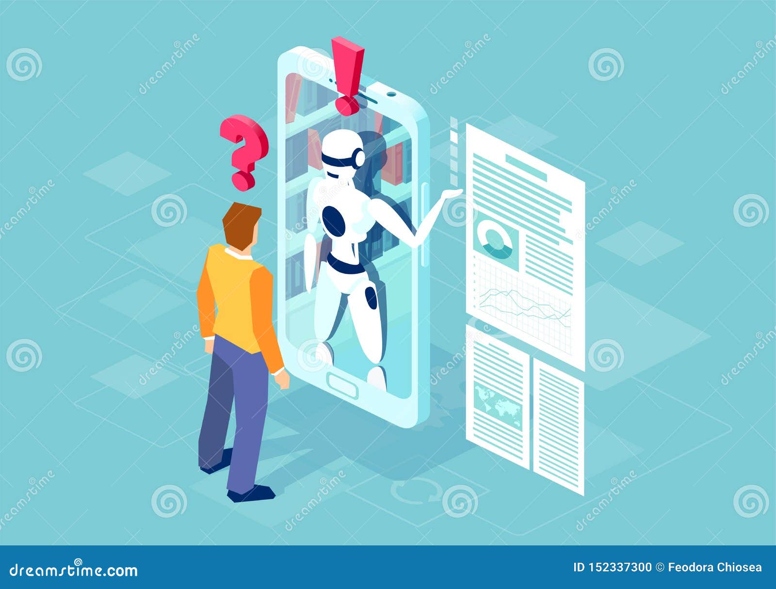Vector of a Man Asking a Question a Robot Online on Mobile Phone Stock ...