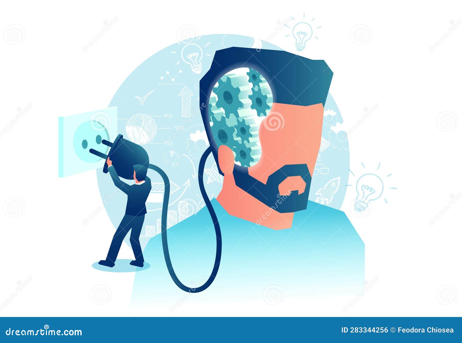 Vector of a Man Head with Gear Mechanisms Inside Being Power Plugged ...