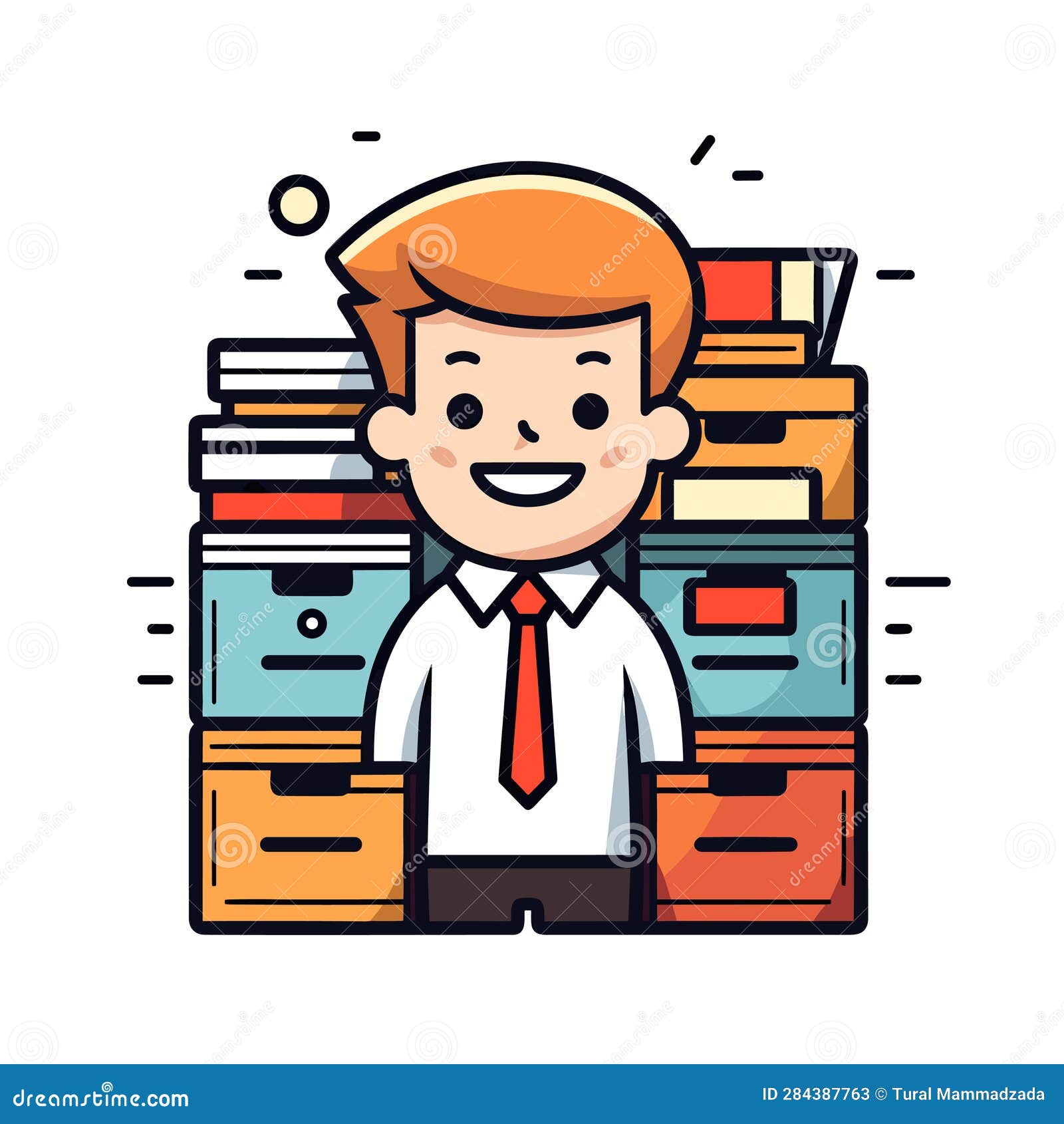 Vector of a Man Standing in Front of a Stack of Files, Representing ...