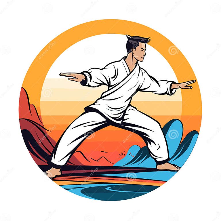 Vector of a Man Striking a Karate Pose while Balancing on a Surfboard ...