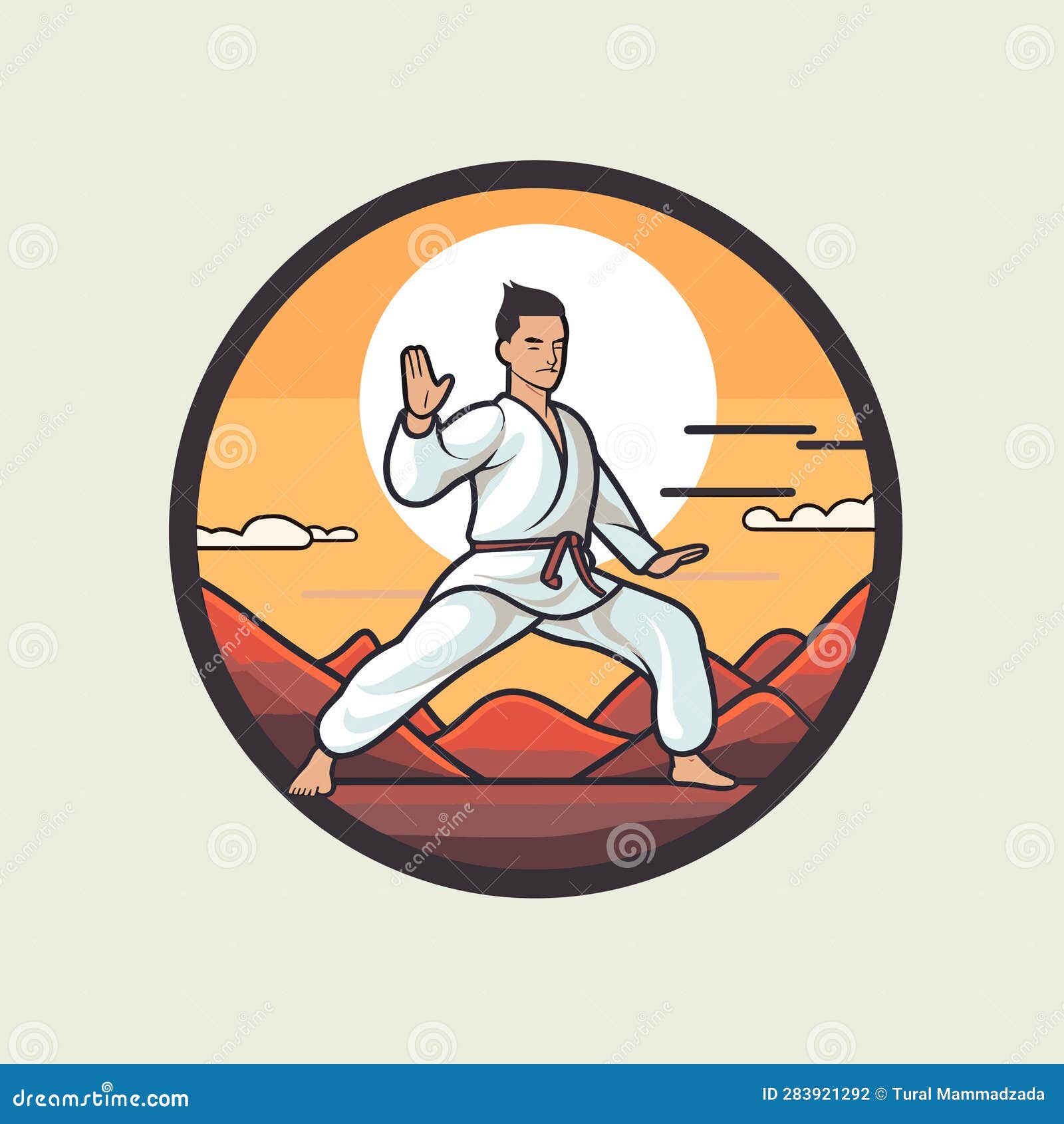 Vector of a Man Striking a Karate Pose with Majestic Mountain Scenery ...