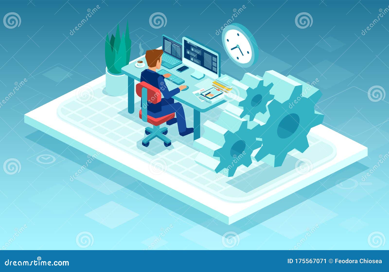 Vector of a Man Working on Pc at His Desk, Freelancing from Home Stock ...