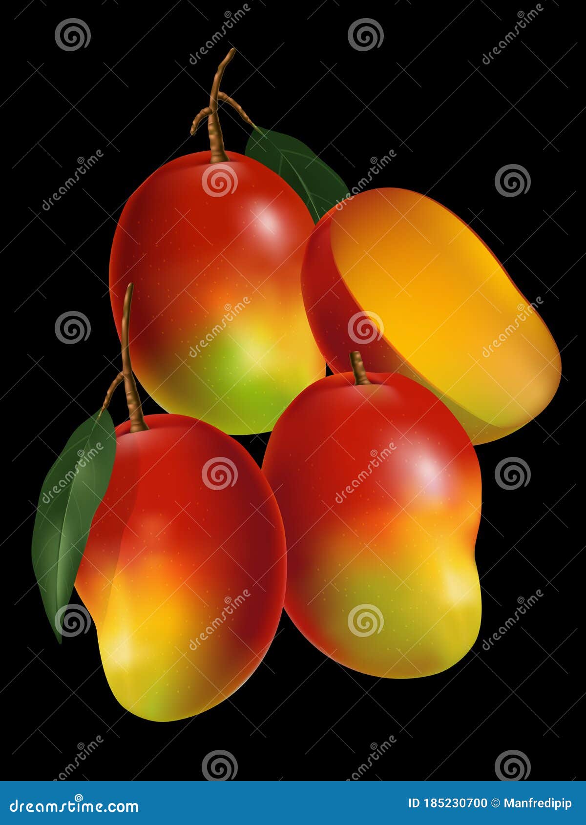 Vector Mango Realistic Illustration With Leaf & Sliced Mango ...