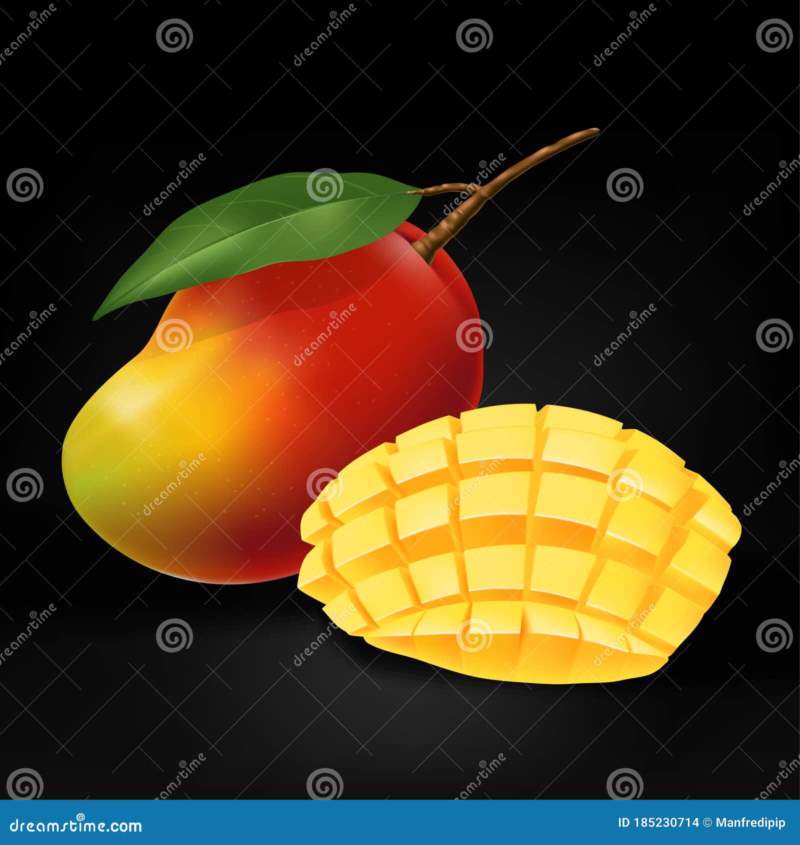 Vector Mango Realistic Illustration with Leaf & Sliced Mango Stock ...