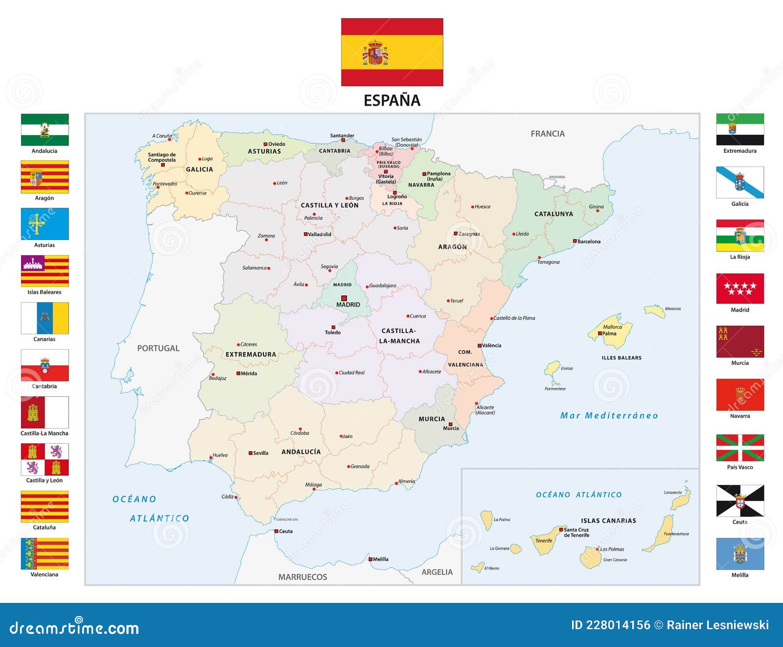 Vector Map of the Autonomous Regions of Spain with Flag Stock Vector ...