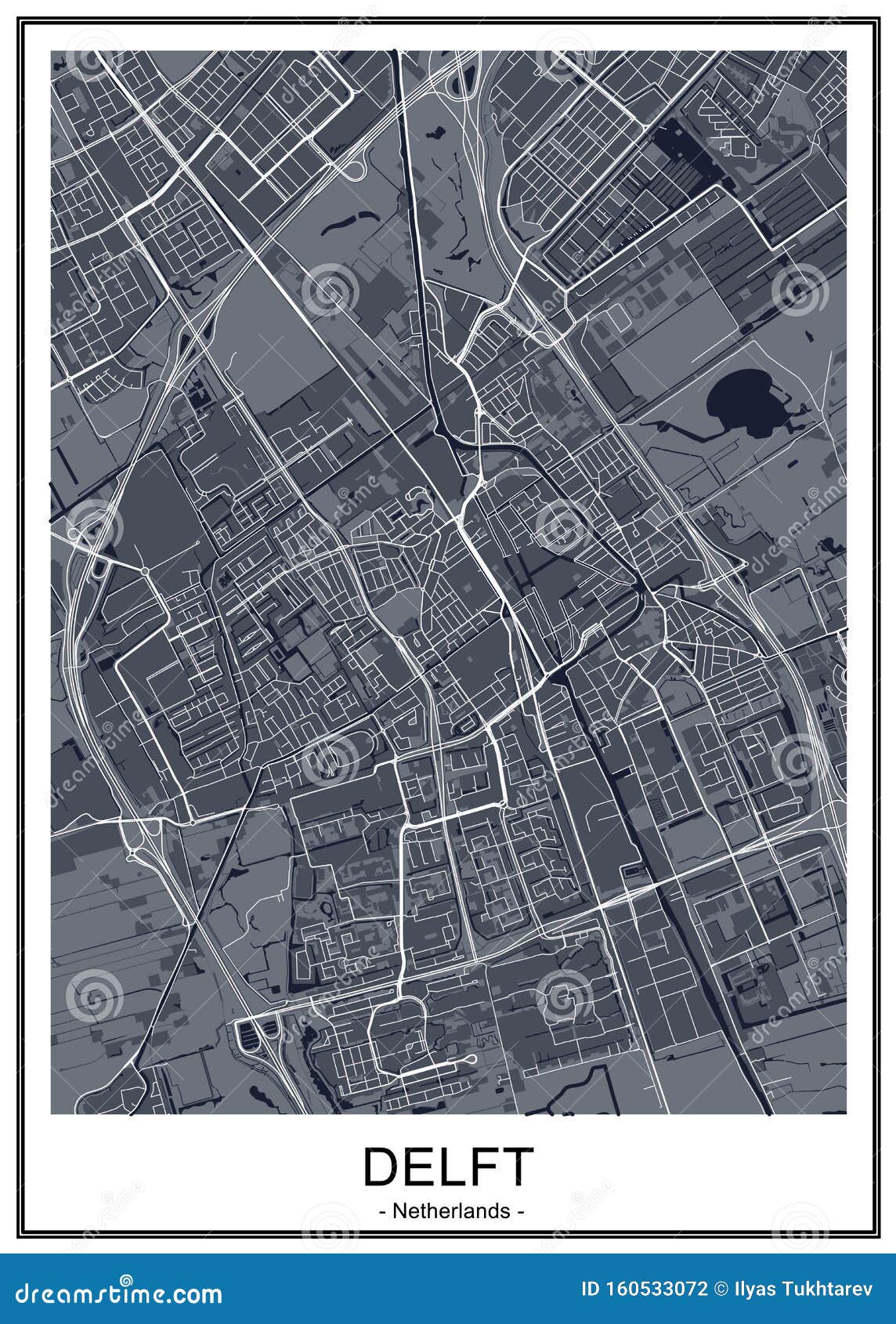 Map of the City of Delft, Netherlands Stock Illustration - Illustration ...