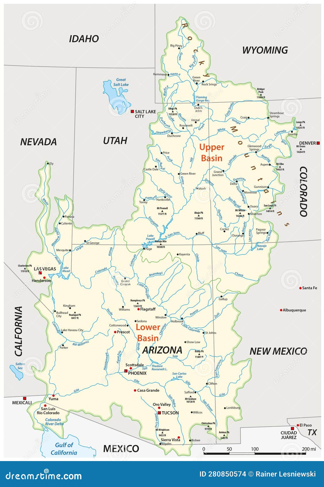 Vector Map of the Colorado River Drainage Basin, United States Stock ...