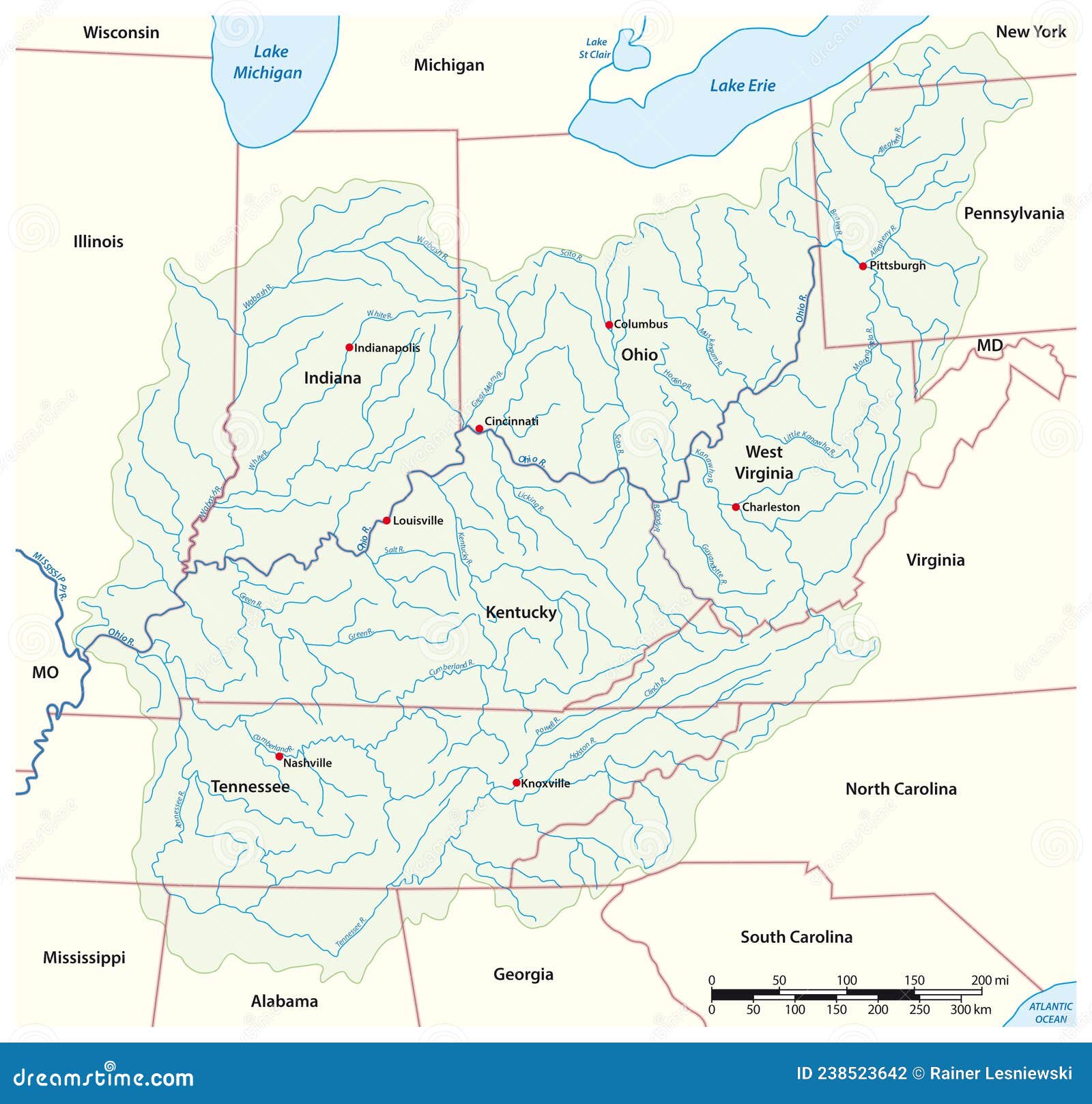 Vector Map Drainage Basin of the Ohio River, USA Stock Vector ...