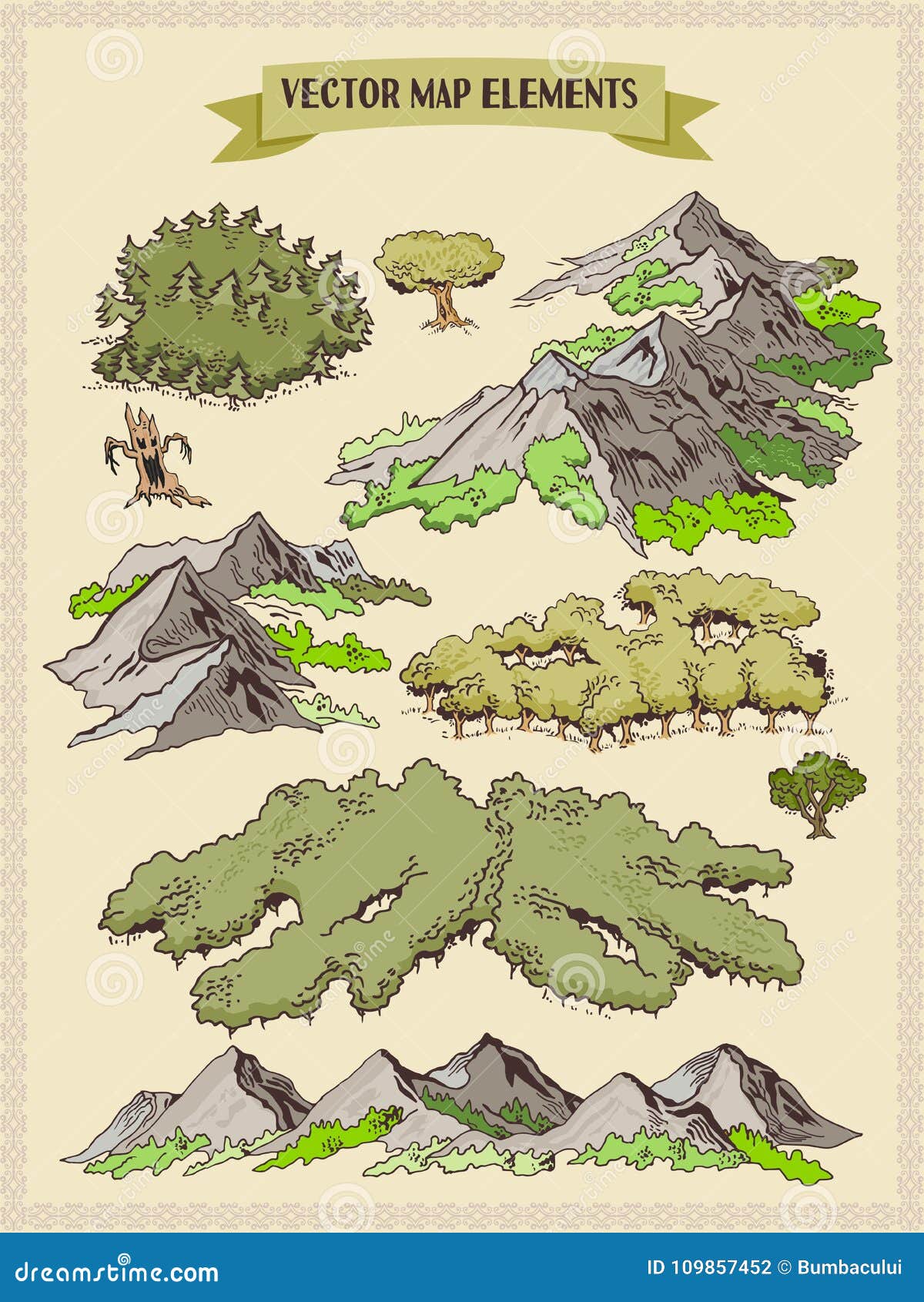 Fantasy Map Elements Illustration, Drawing, Engraving, Ink, Line Art ... Fantasy Map Elements Illustration, Drawing, Engraving, Ink, Line Art ...