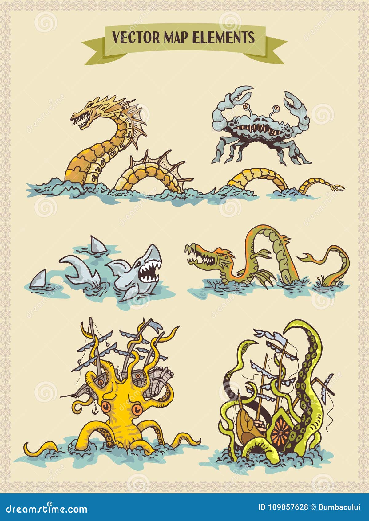 Vector Map Elements, Colorful, Hand Draw - Sea Monsters and Fantasy ... Vector Map Elements, Colorful, Hand Draw - Sea Monsters and Fantasy ...