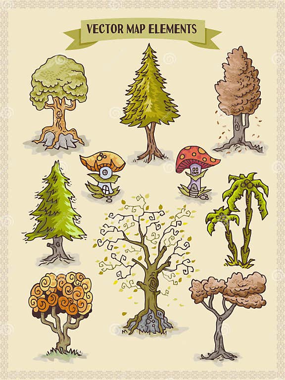 Vector Map Elements, Colorful, Hand Draw - Trees and Vegetation Design ...