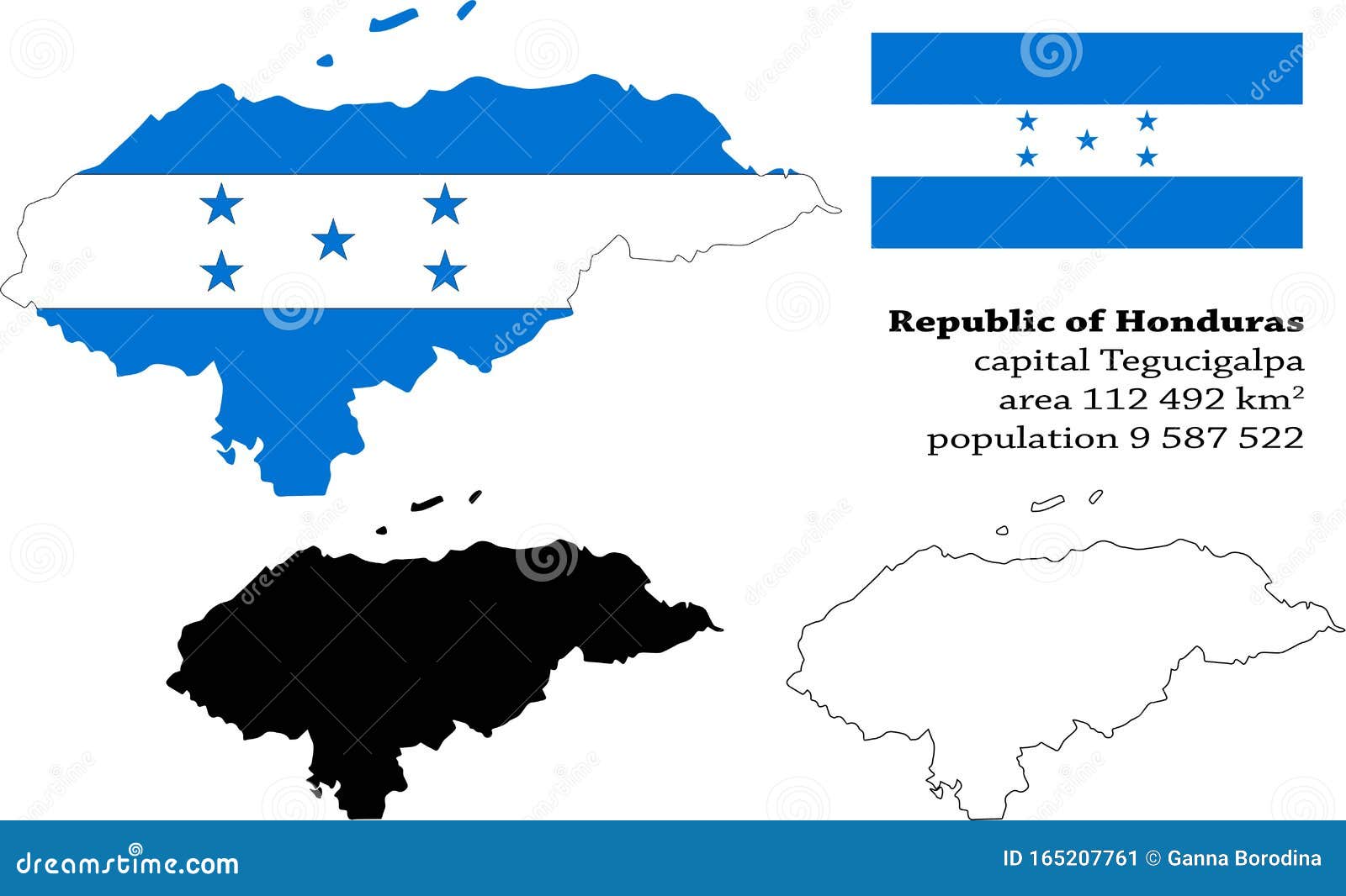 Honduras Vector Map, Flag, Borders, Mask , Capital, Area and Population ...