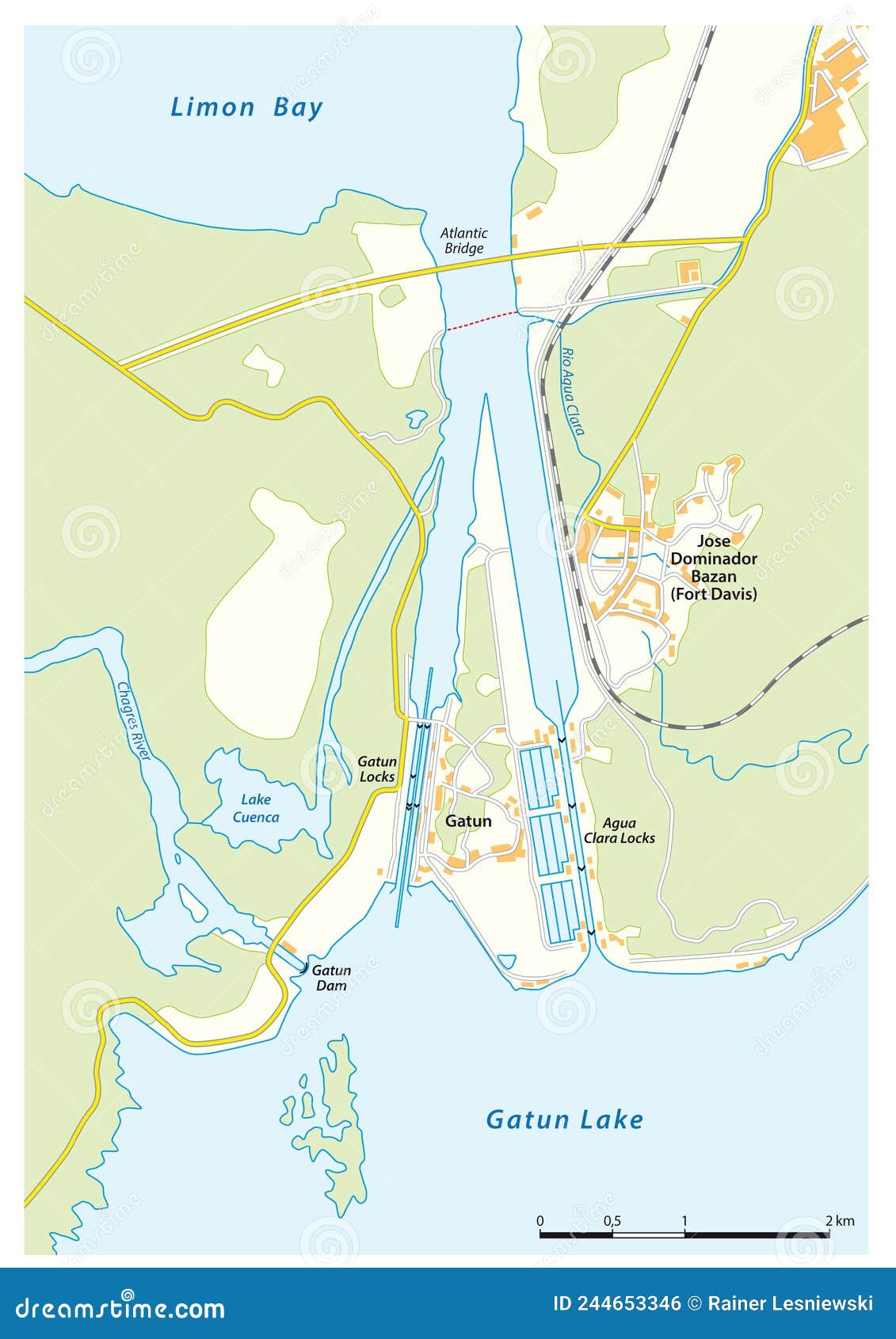 Vector Map Of The Gatun Locks In The Northern Panama Canal Panama Stock Vector Illustration