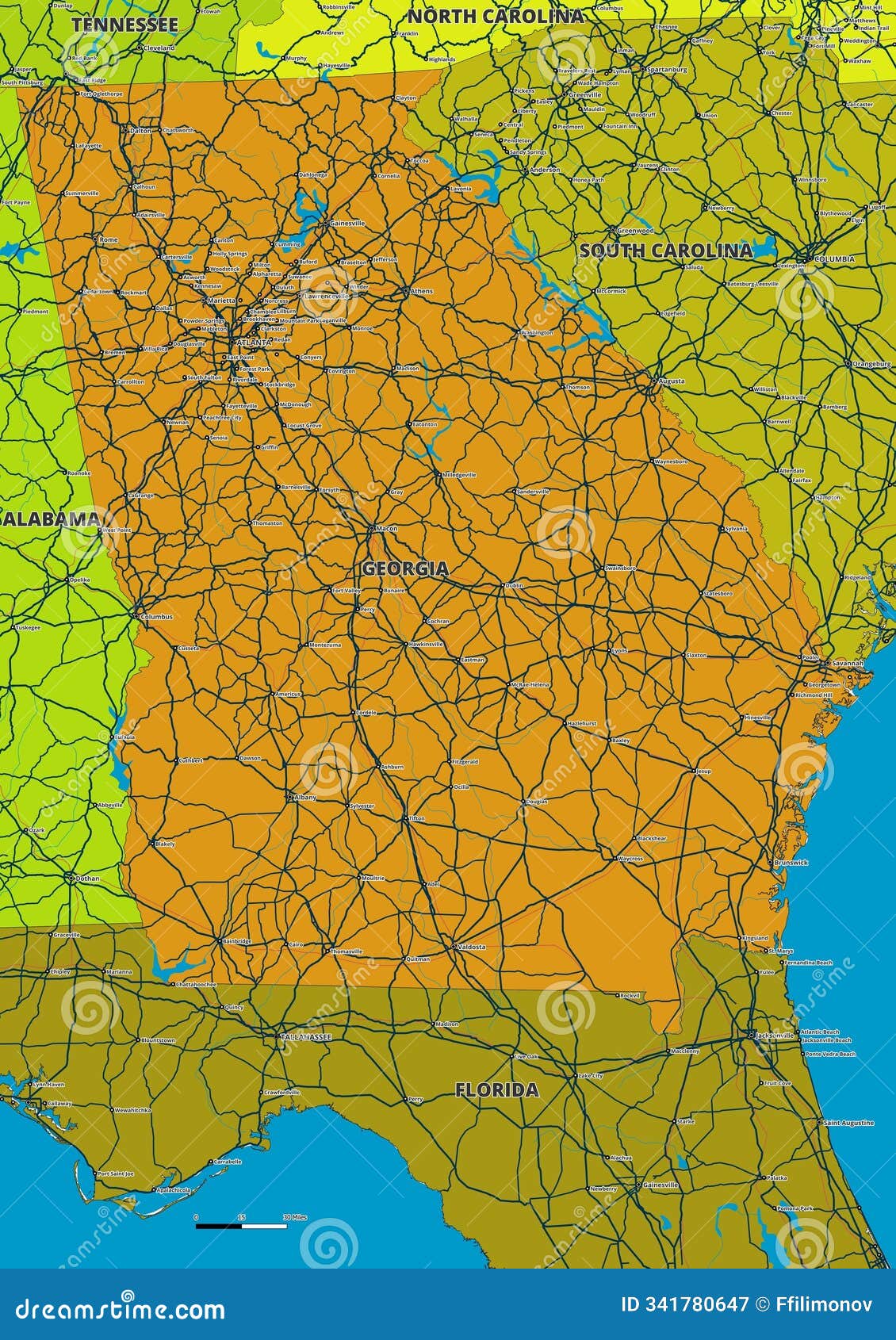 Vector map of Georgia, USA stock illustration. Illustration of cities ...