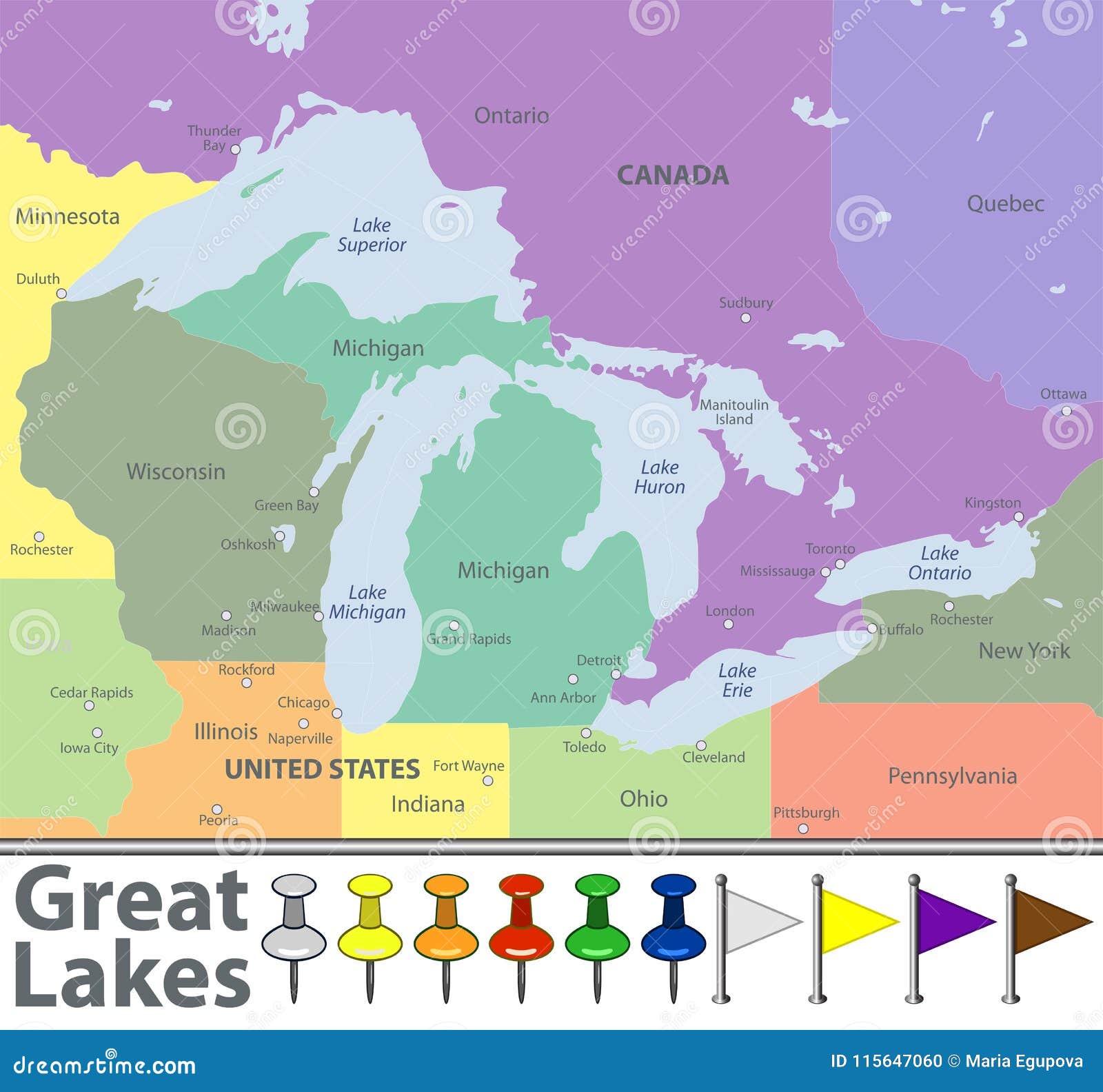 All Of The Great Lakes Vector Map Pencil Sketch. Superior, Michigan ...