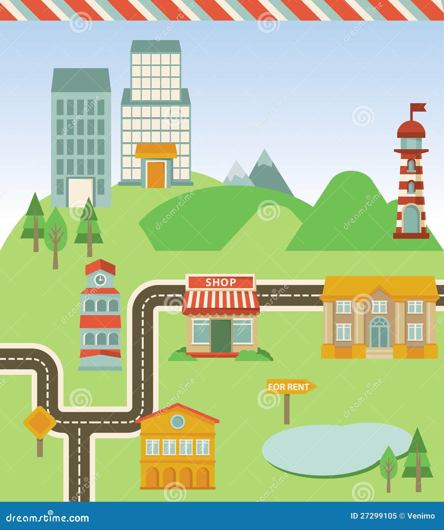 Vector Map with Houses, Road and Signs Stock Vector - Illustration of ...