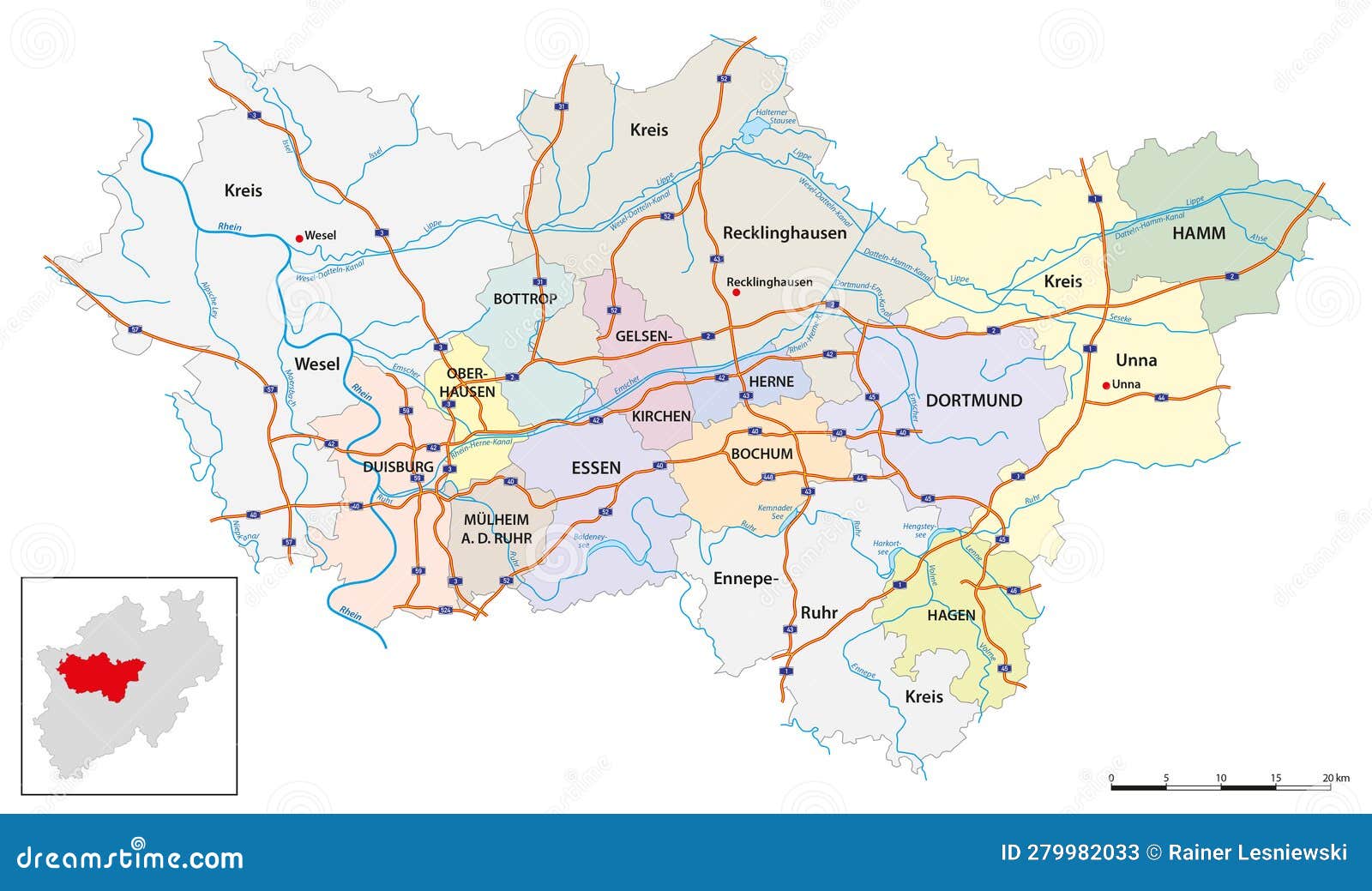 Vector Map of the Largest German Metropolitan Region, the Ruhr Area ...