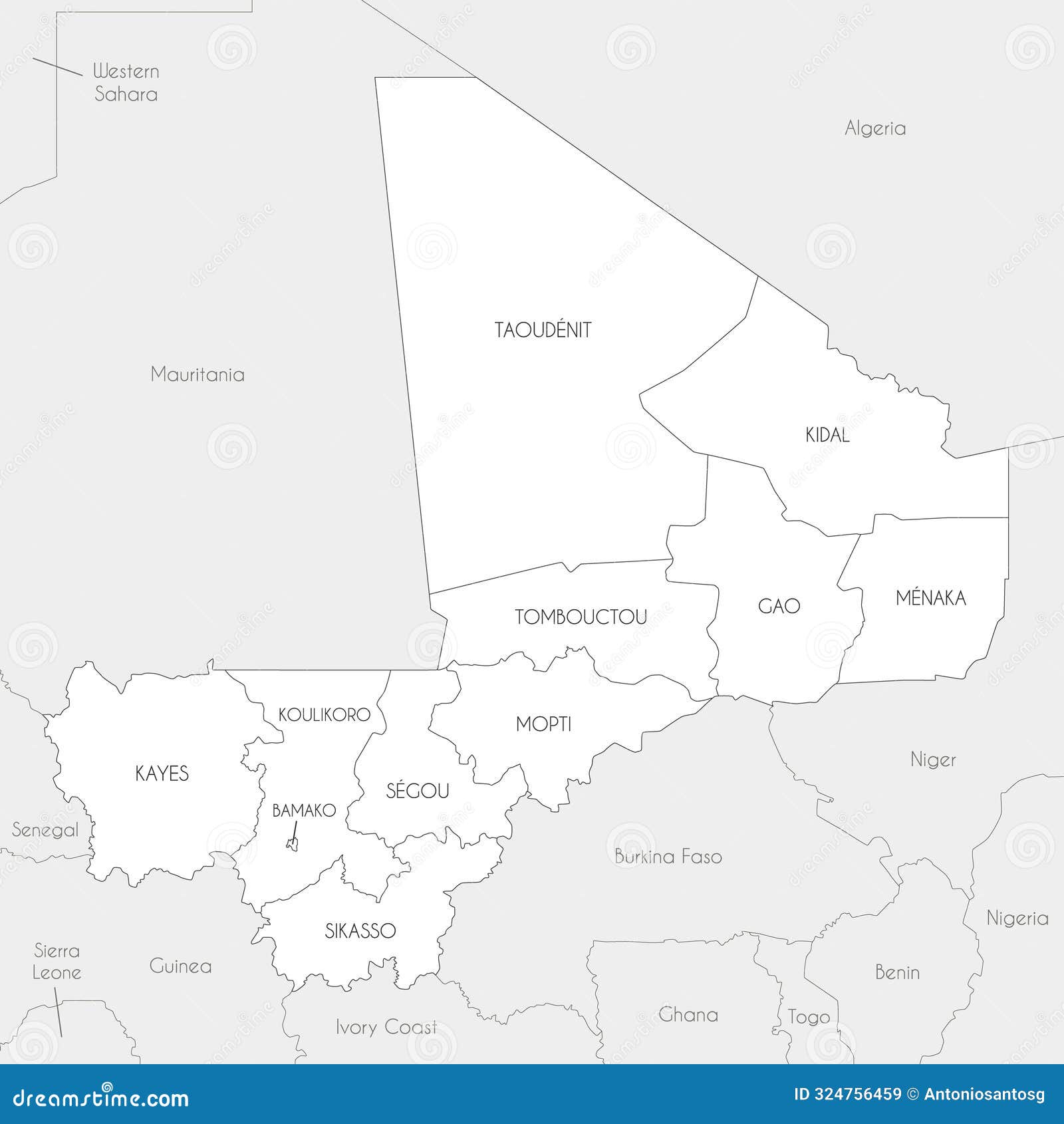 Vector Map of Mali with Regions, Capital District and Administrative ...