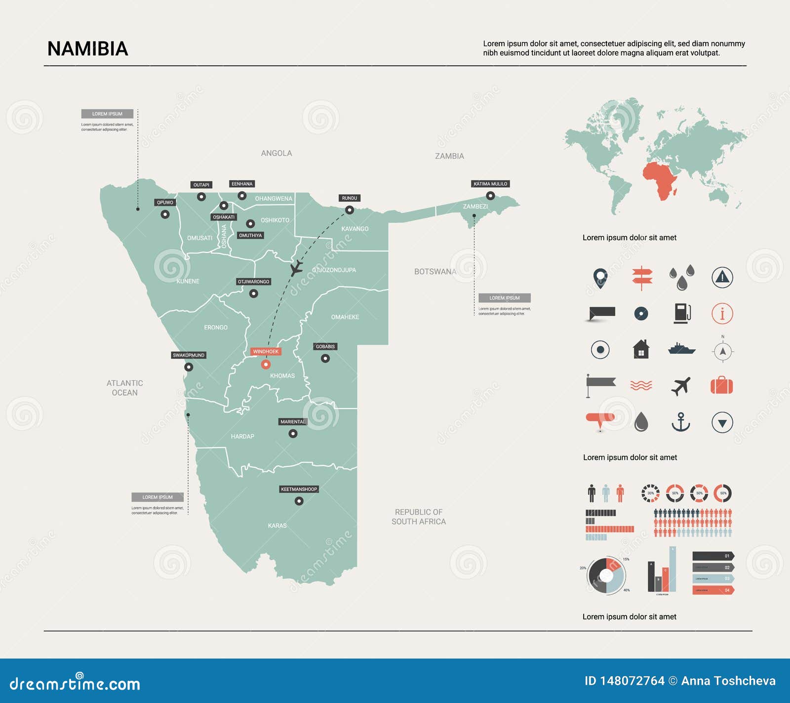 Vector map of Namibia. stock vector. Illustration of blue - 148072764