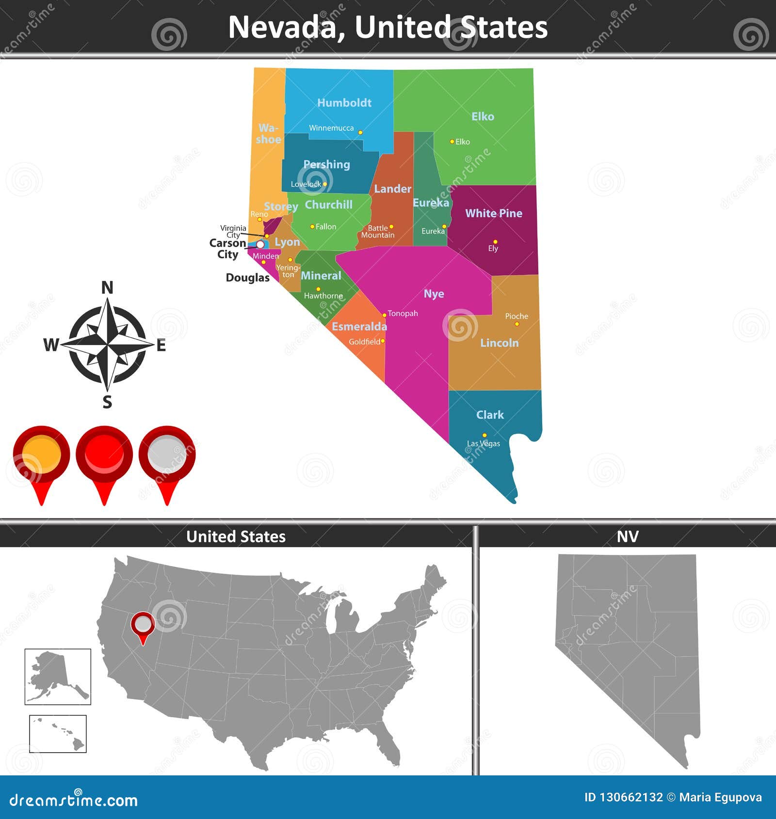 Map of Nevada, US stock vector. Illustration of button - 130662132