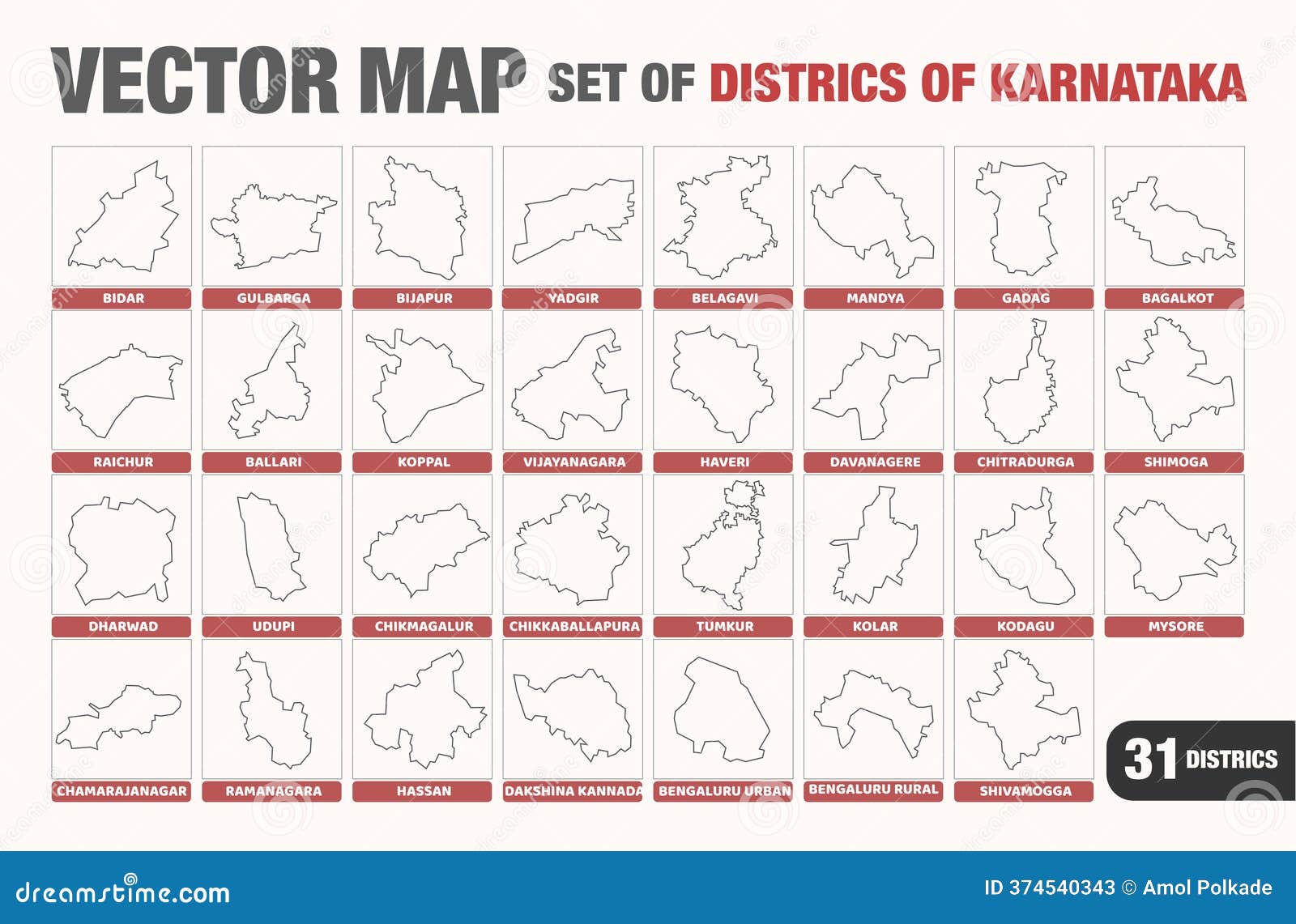 Vector Map Set Of Karnataka Districts With Outlines Royalty-Free Stock ...