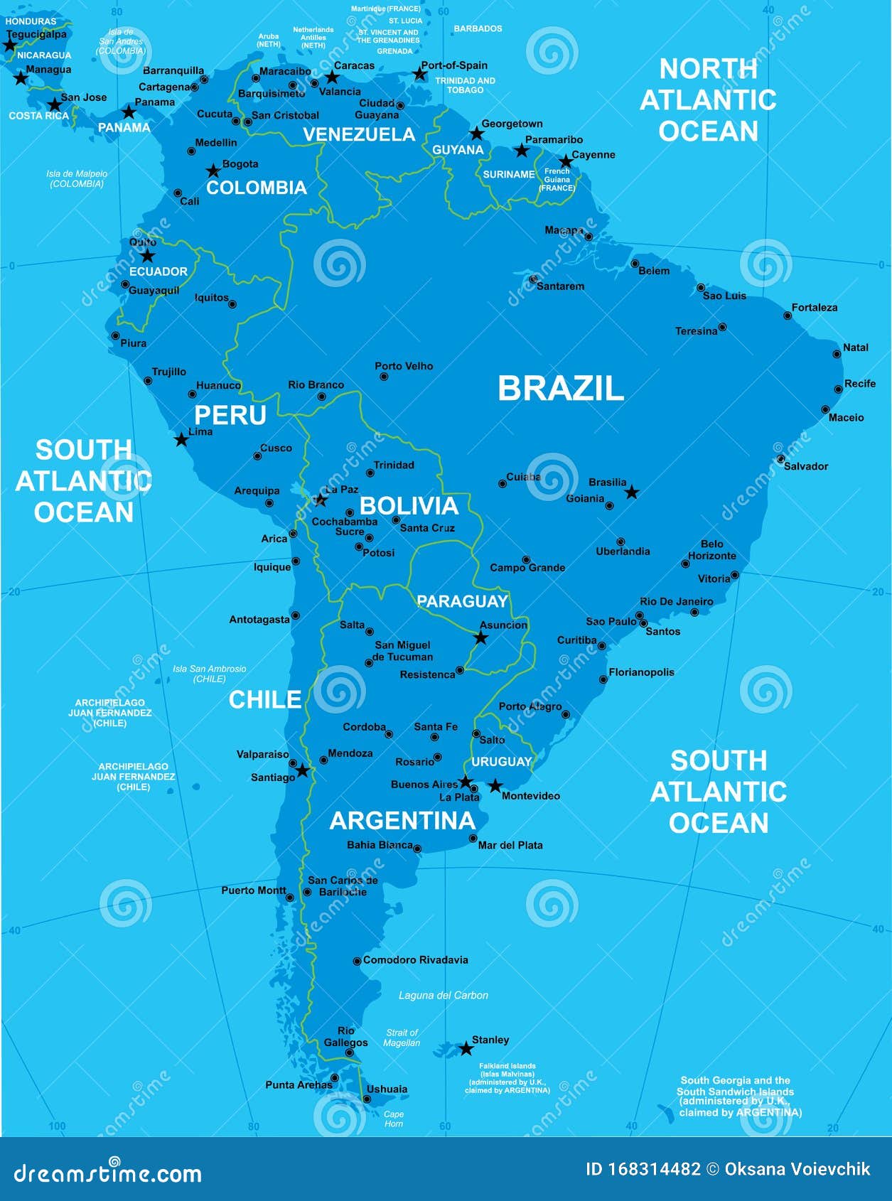 Southern America Vector Map Silhouette Illustration Isolated On White ...